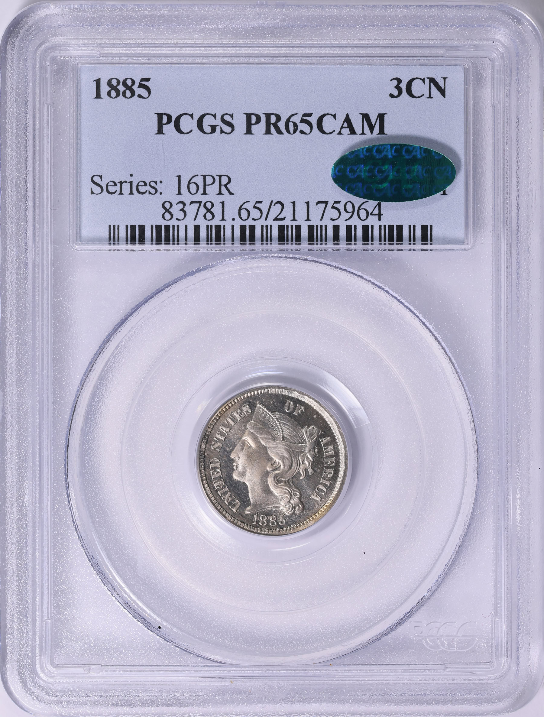 1885 Nickel Three-Cent Piece PCGS Proof-65 CAMEO (CAC Green) (Item 1762831) | GreatCollections ...