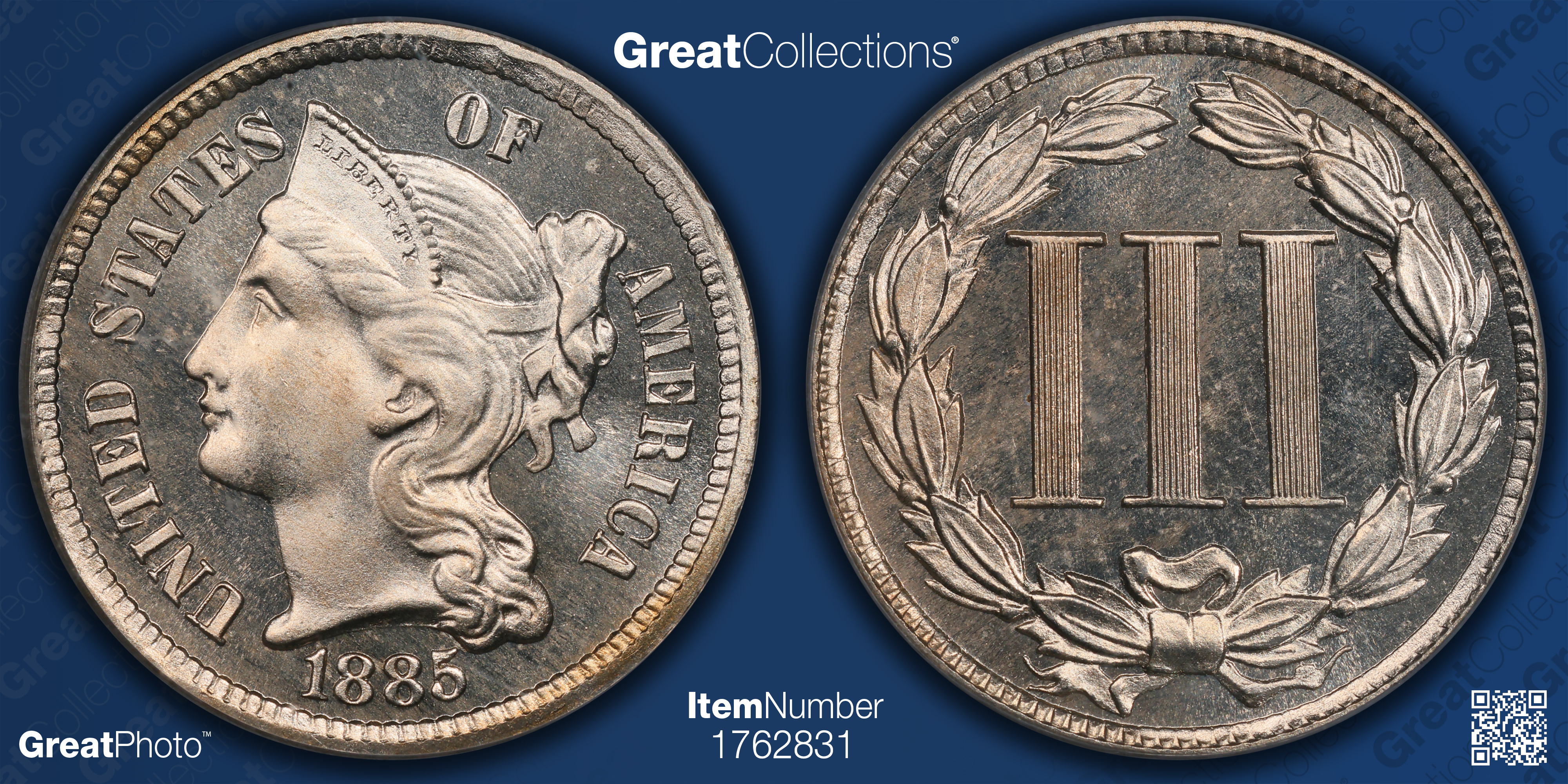 1885 Nickel Three-Cent Piece PCGS Proof-65 CAMEO (CAC Green) (Item ...