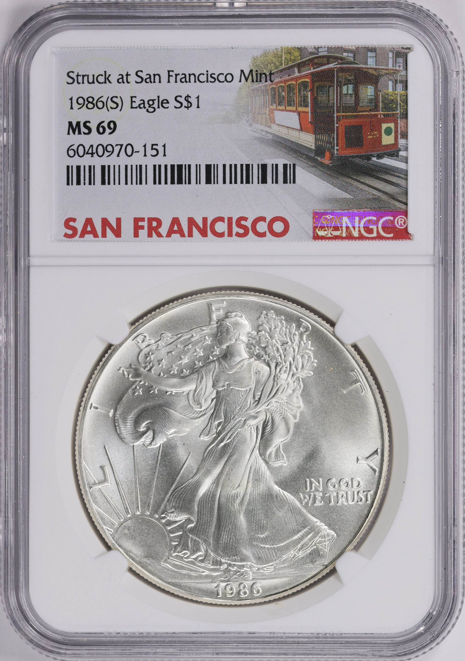 1986-(S) $1 Silver Eagle Struck at San Francisco NGC MS-69 (Trolley Label) (Item 1763647 ...