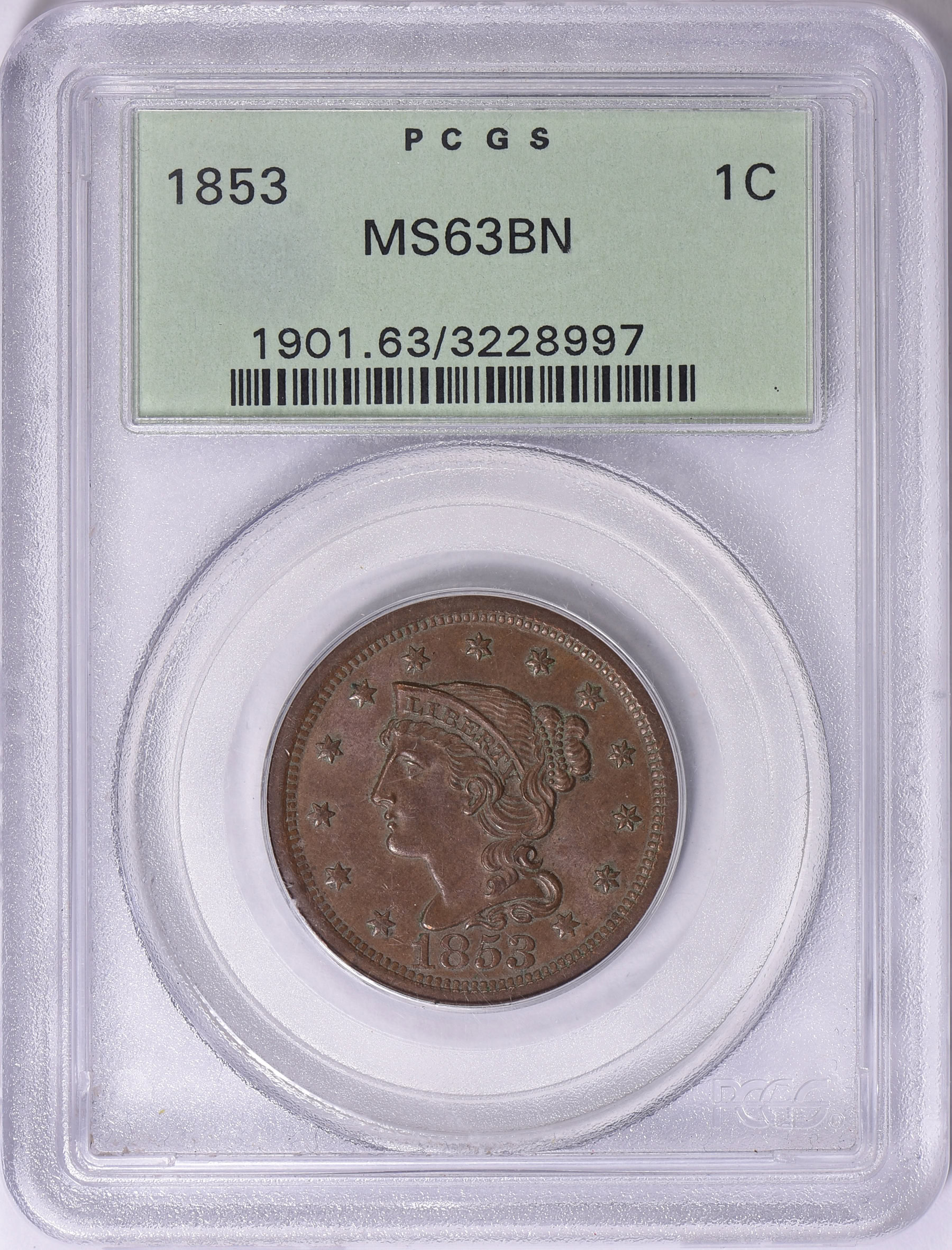 1853 Braided Hair Cent PCGS MS-63 BN OGH (Item 1763736) | GreatCollections Coin Auctions
