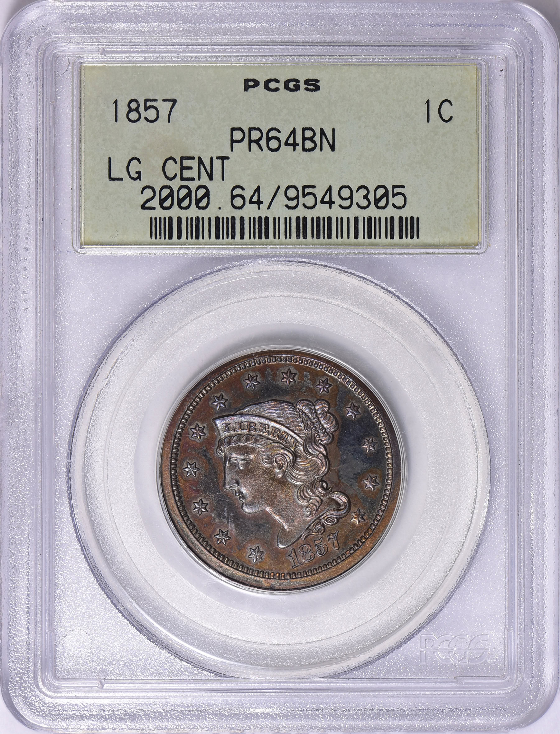 1857 Braided Hair Cent Large Cent PCGS Proof-64 BN OGH (Toned) (Item ...
