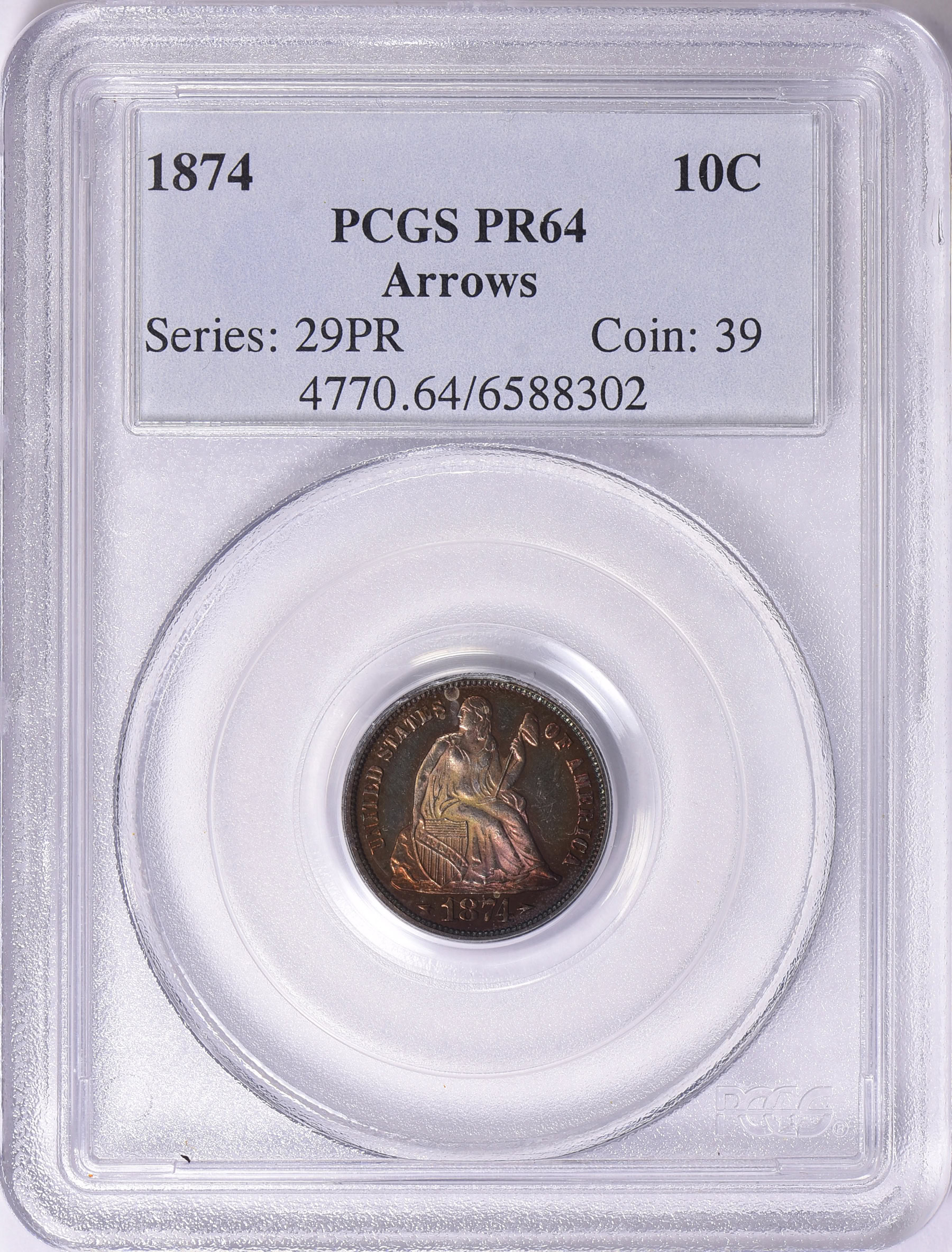 1874 Seated Liberty Dime Arrows PCGS Proof-64 (Toned) (Item 1764196) | GreatCollections Coin ...