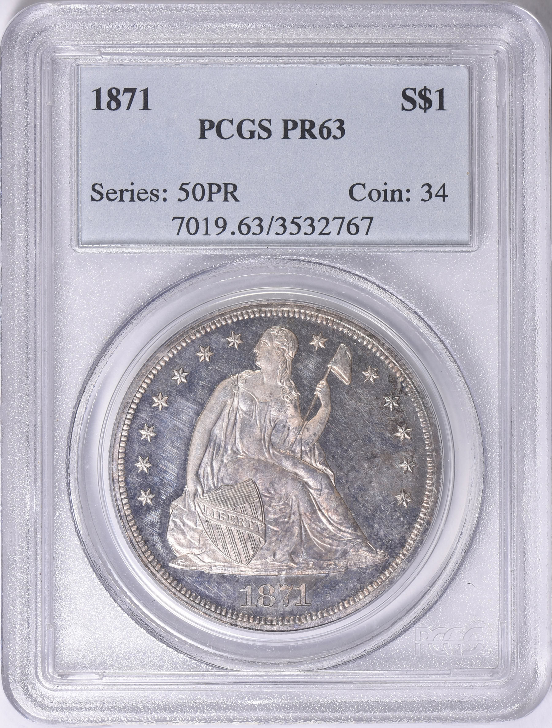 1871 Seated Liberty Silver Dollar PCGS Proof-63 (Toned) (Item 1764211) | GreatCollections Coin ...