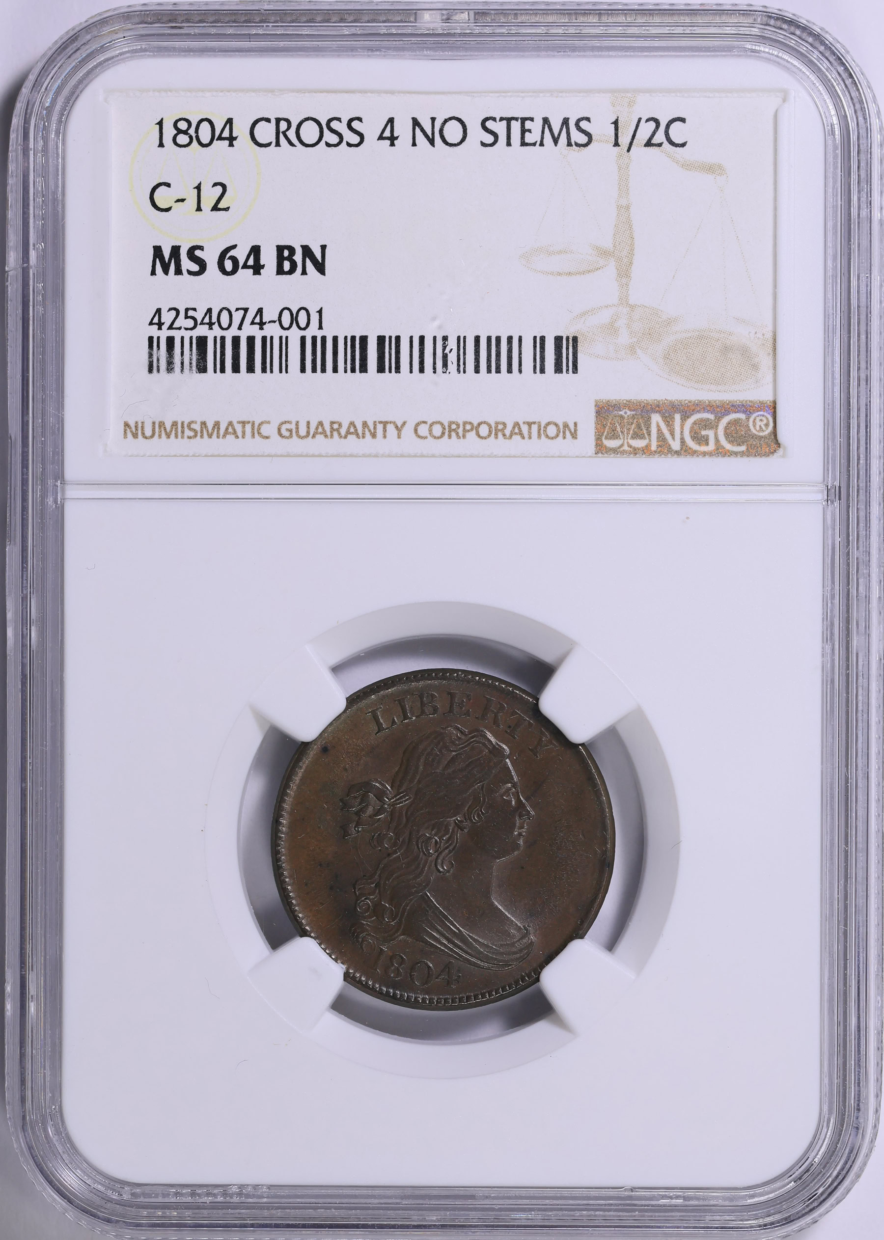 1804 Draped Bust Half Cent Crosslet 4, No Stems C-12 NGC MS-64 BN (Item ...
