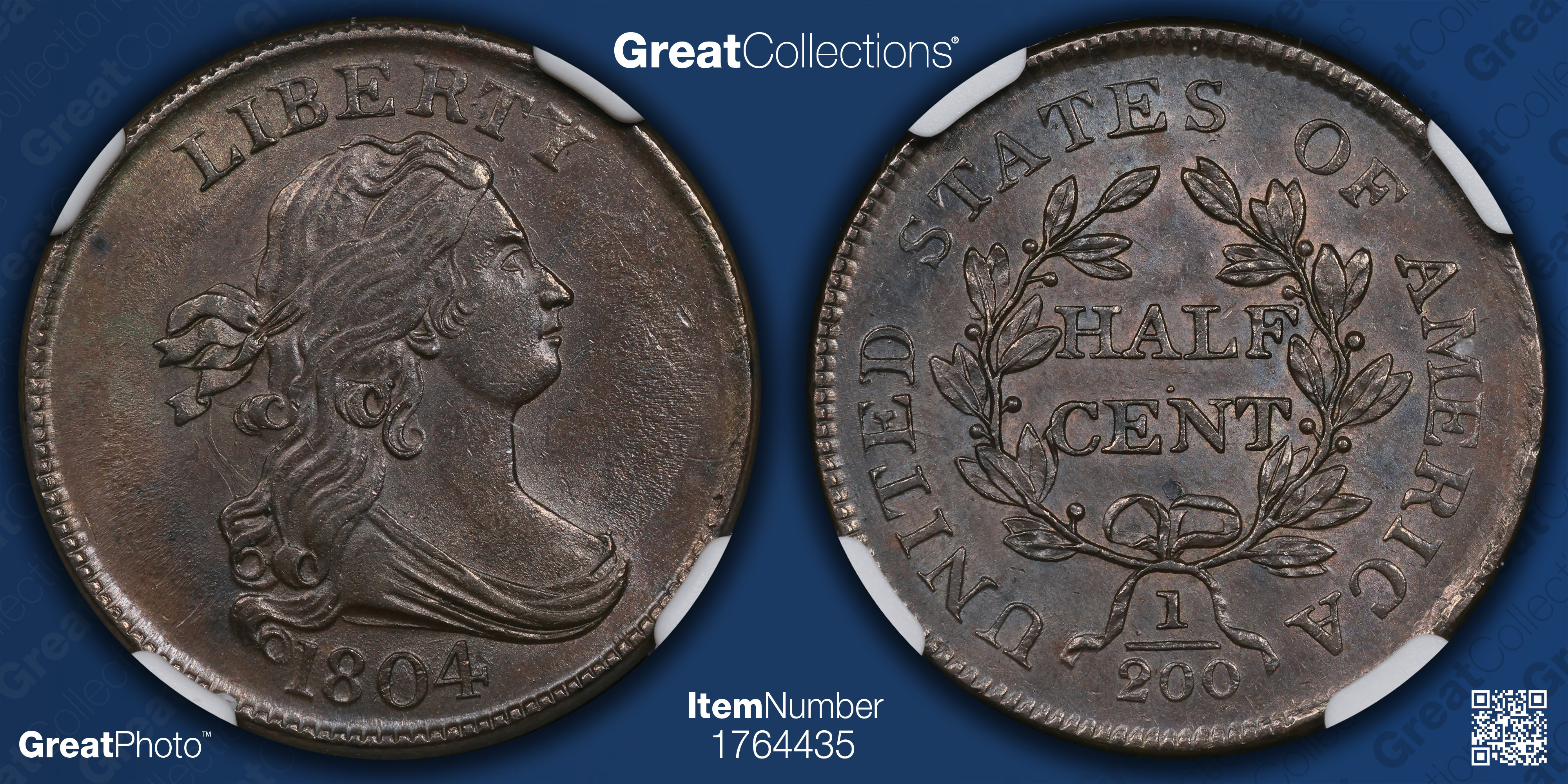 1804 Draped Bust Half Cent Crosslet 4, No Stems C-12 NGC MS-64 BN (Item ...