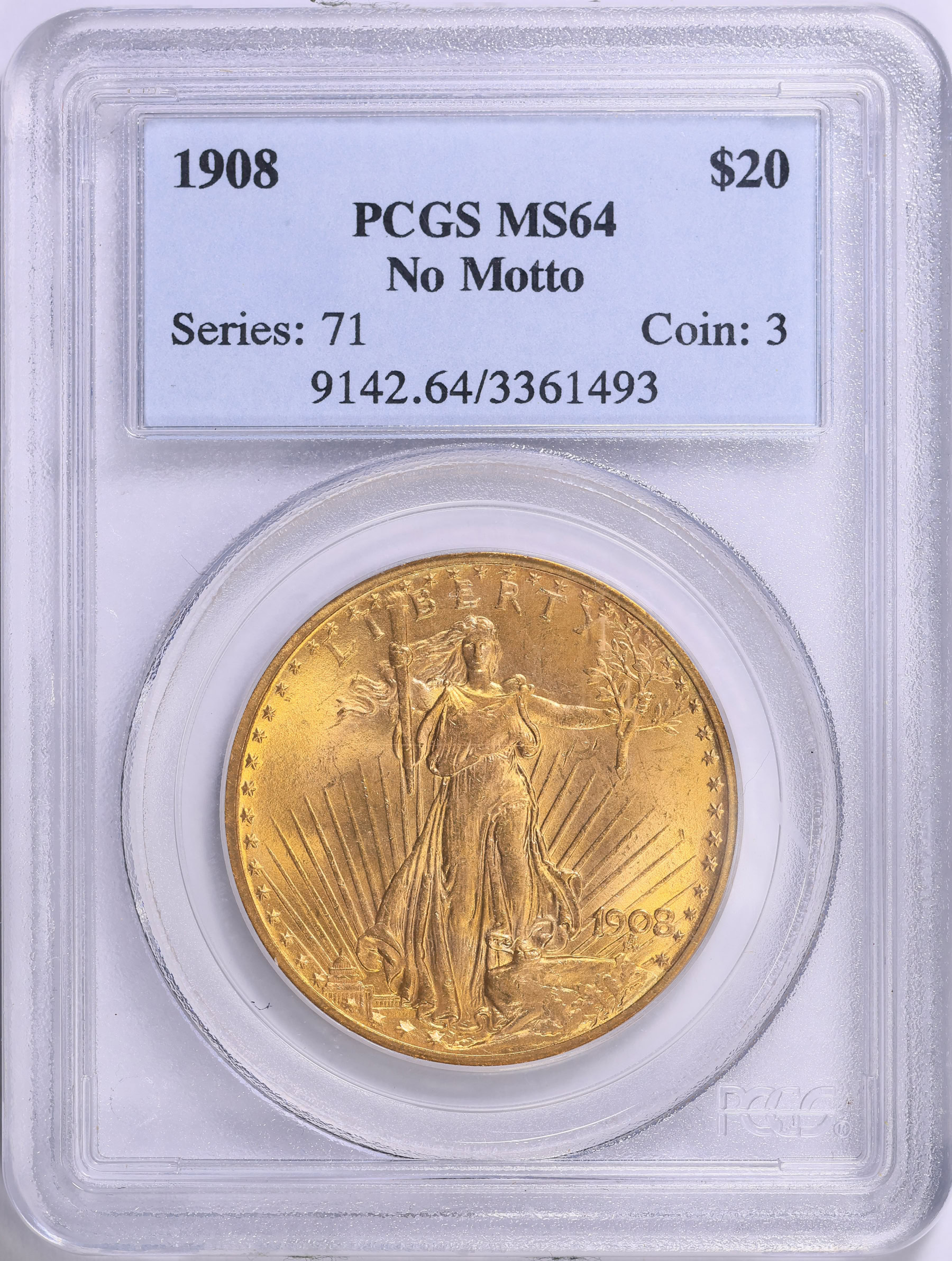 1908 Saint-Gaudens Gold Double Eagle No Motto PCGS MS-64 (Item 1764471) | GreatCollections Coin ...