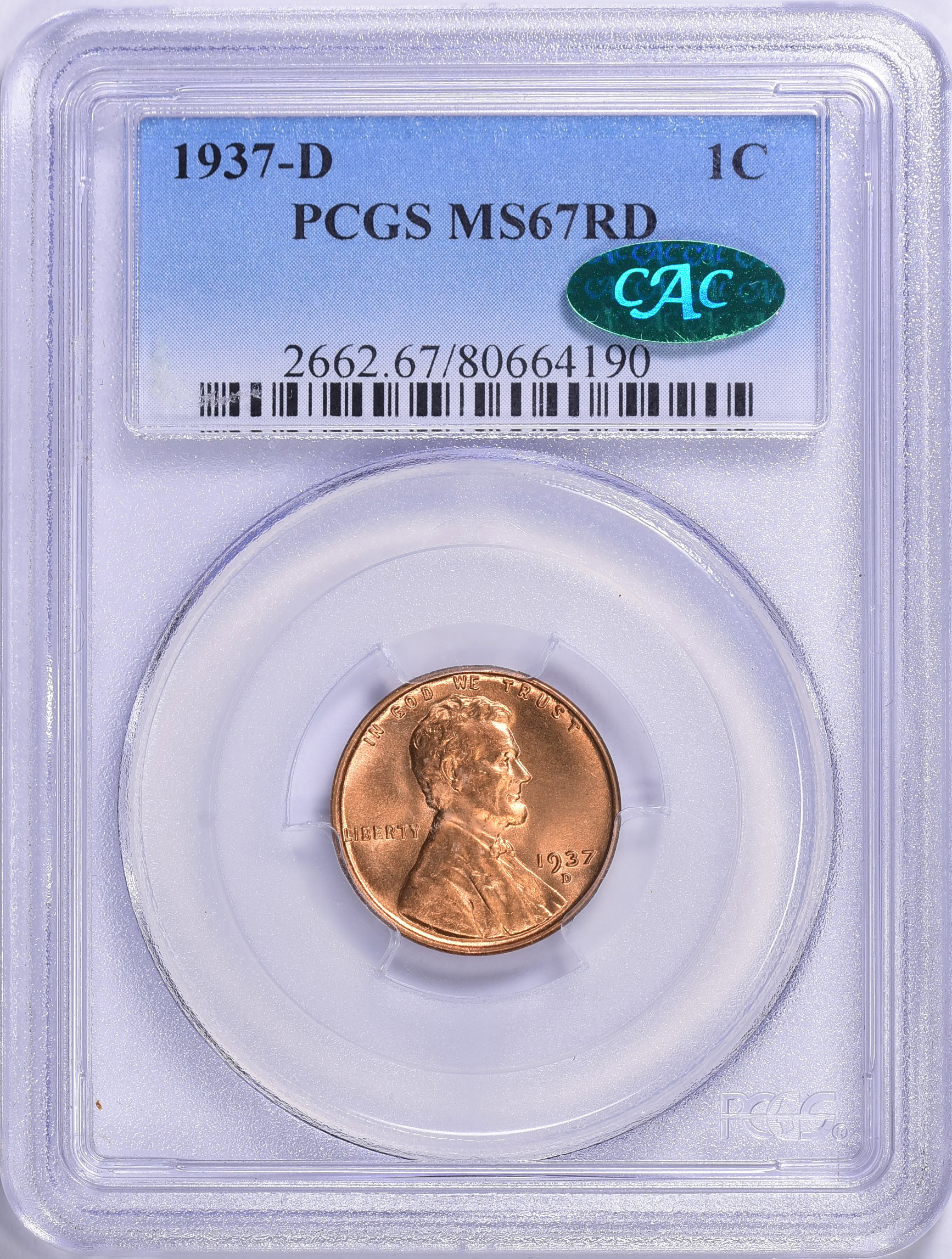 1937-D Lincoln Cent PCGS MS-67 RD (CAC Green) (Item 1764798) | GreatCollections Coin Auctions
