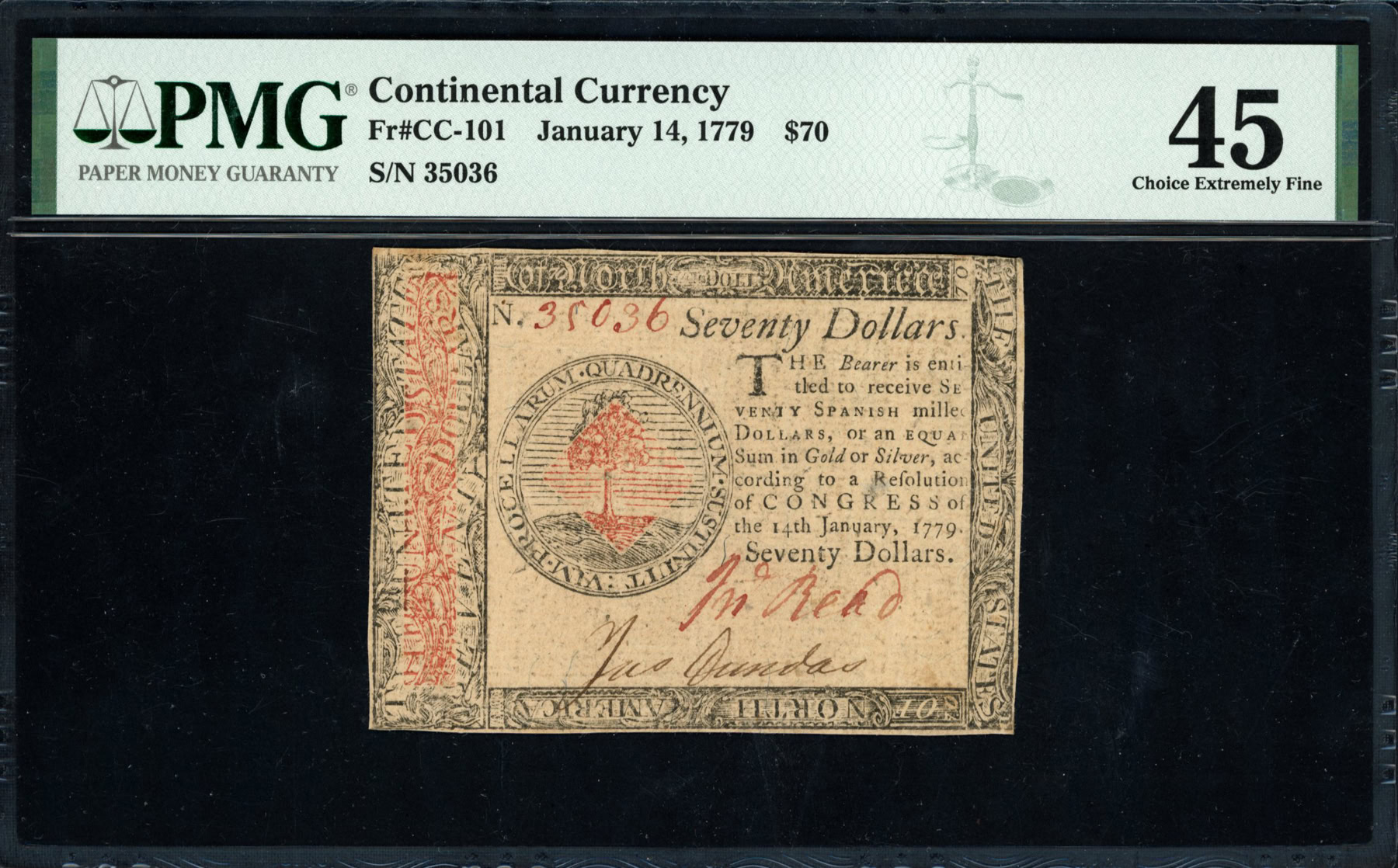 Fr. CC-101 Jan. 14, 1779 $70 Continental Currency PMG Choice Extremely ...