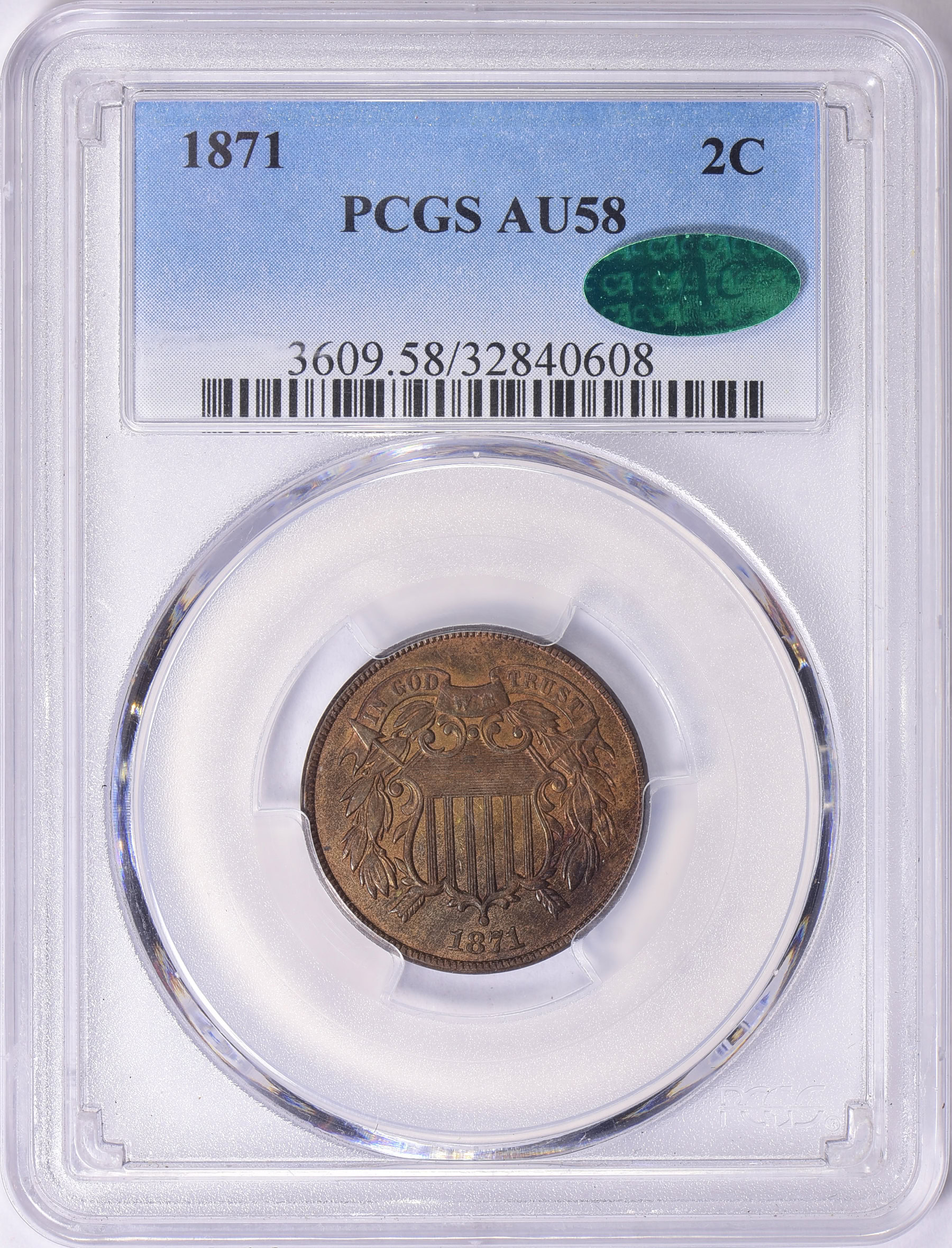 1871 Two-Cent Piece PCGS AU-58 BN (CAC Green) (Item 1765021) | GreatCollections Coin Auctions