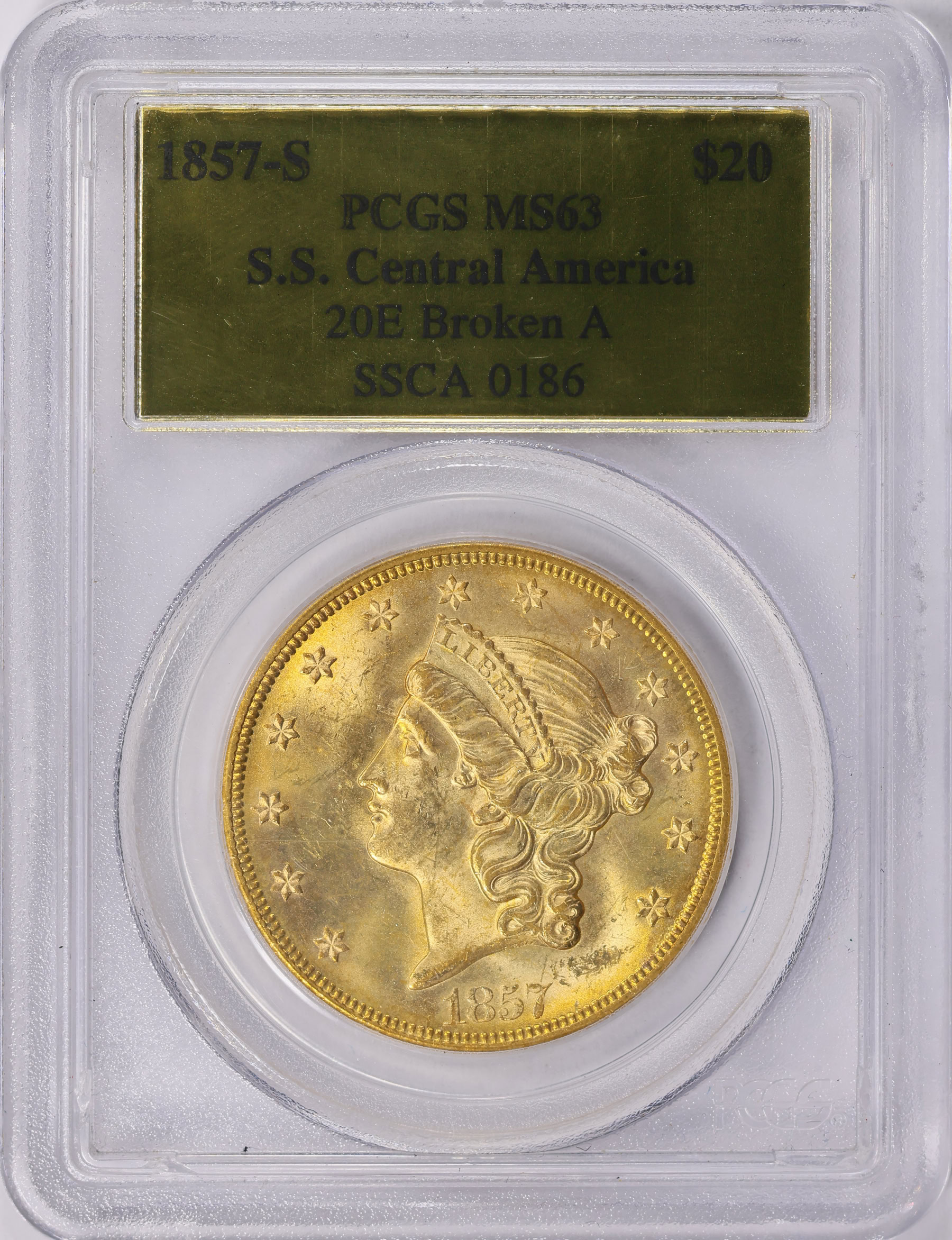 1857-S Liberty Gold Double Eagle 20E Broken A Shipwreck S.S. Central America PCGS MS-63 (Gold ...