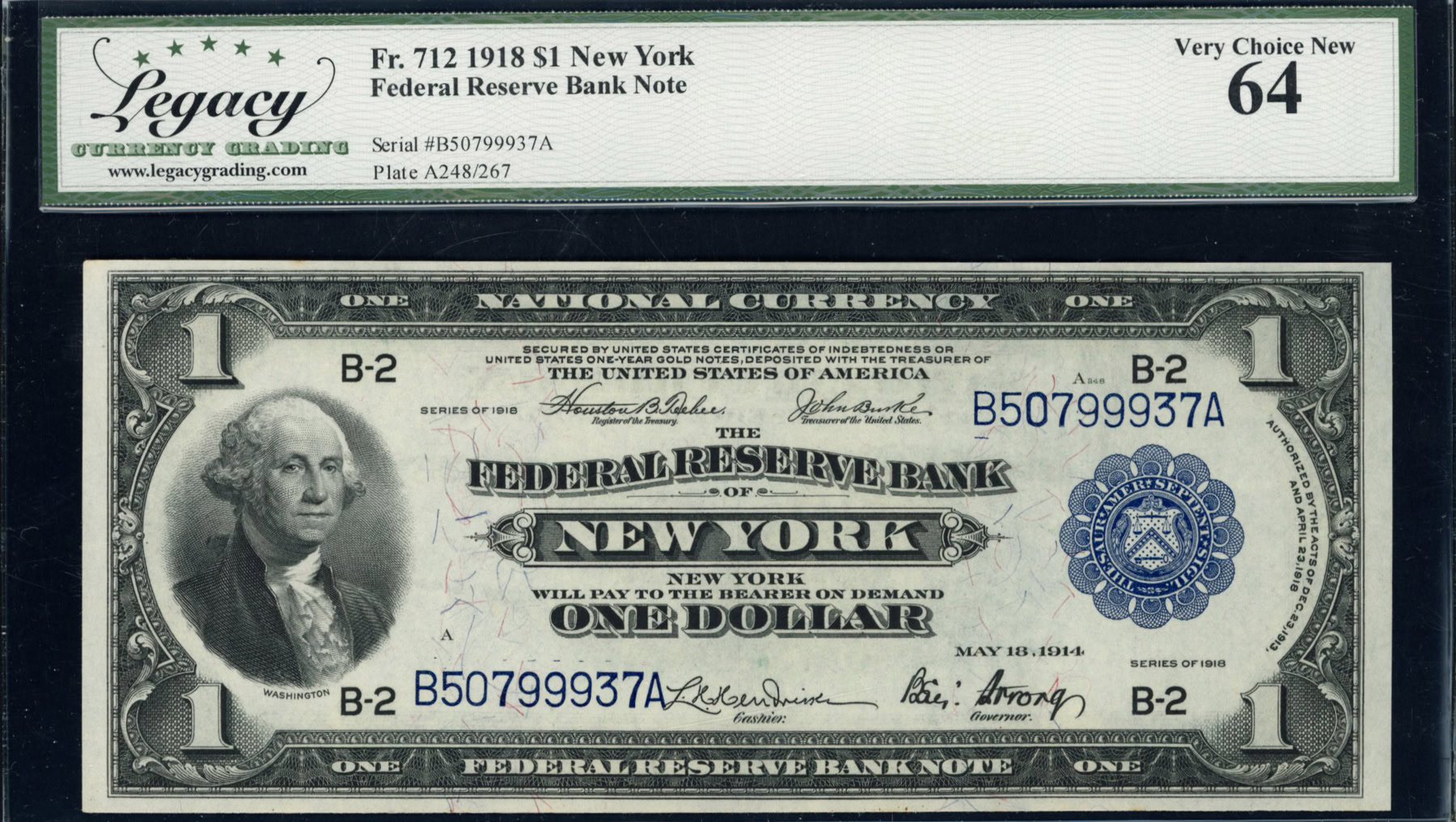 Fr. 712 1918 $1 New York Federal Reserve Bank Note Teehee / Burke / Hendricks / Strong Legacy ...