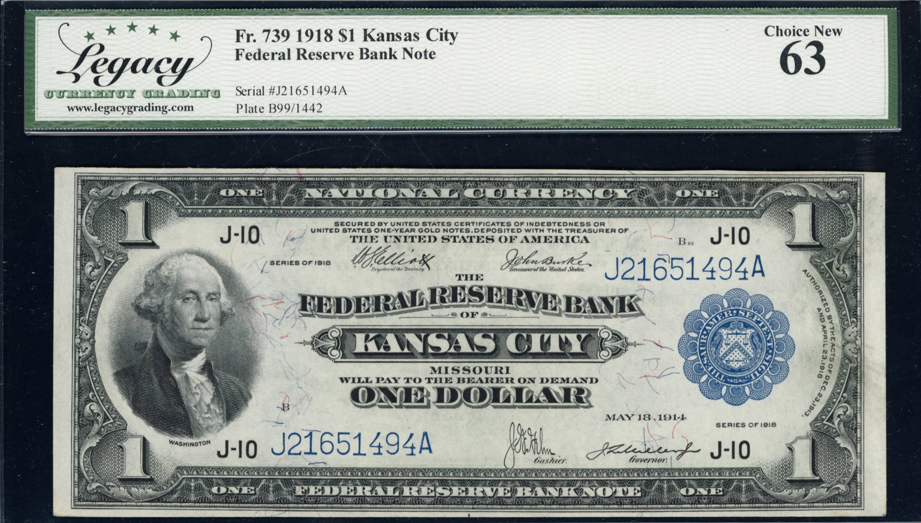 Fr. 739 1918 $1 Kansas City Federal Reserve Bank Note Elliott / Burke ...