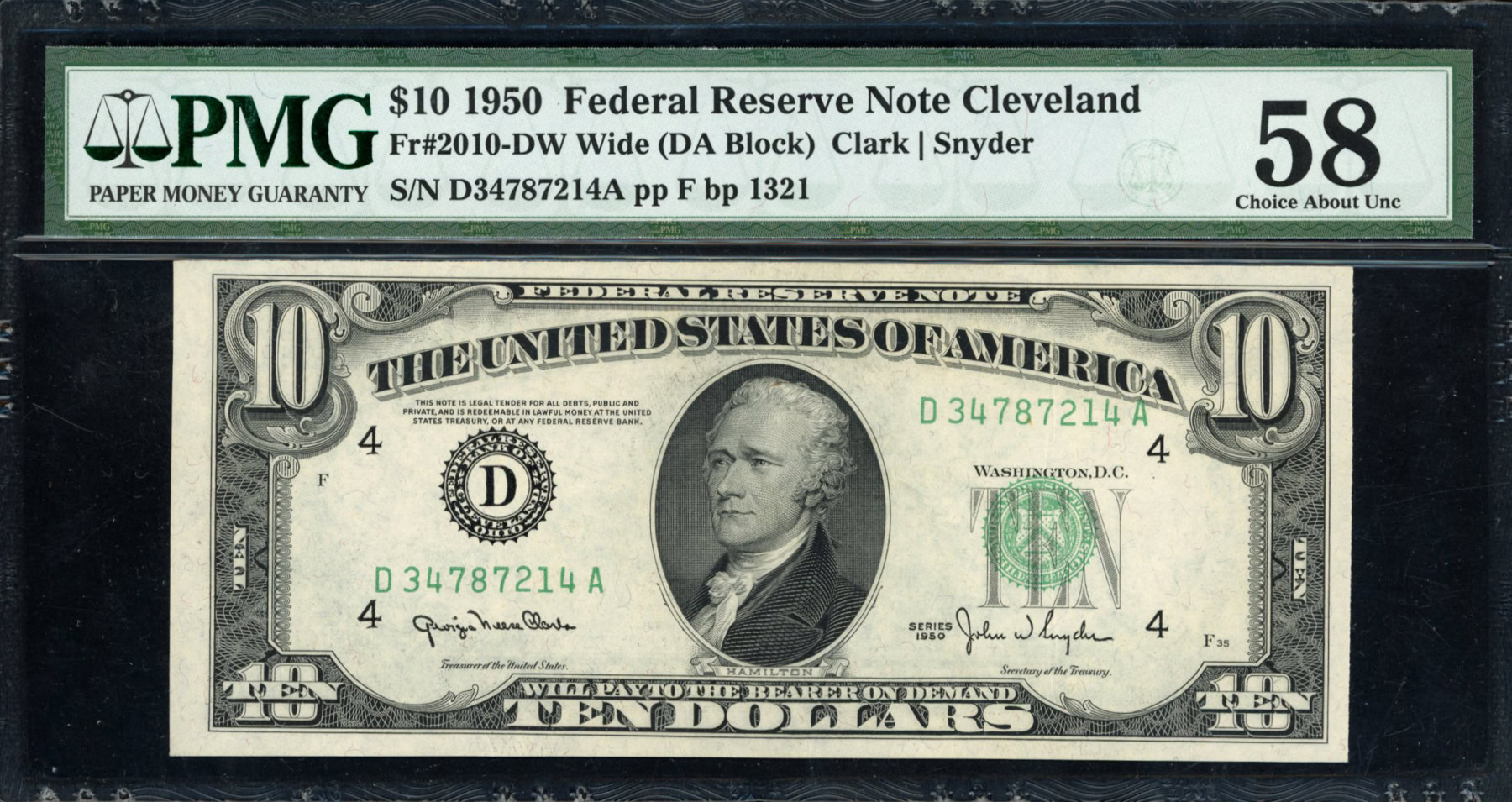 Fr. 2010-DW Wide (DA Block) 1950 $10 Cleveland Federal Reserve Note ...