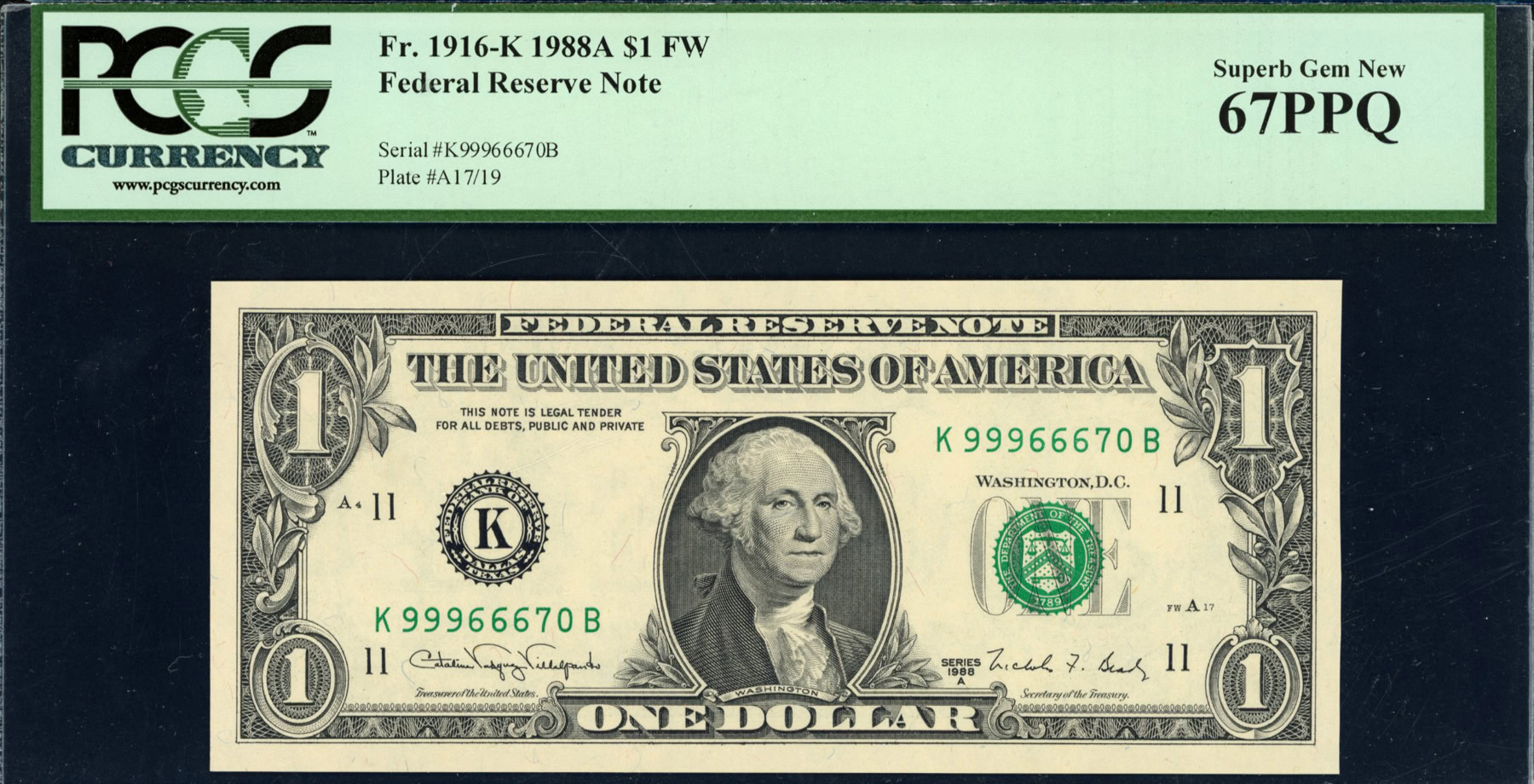 Fr. 1916-K (KB Block) 1988A $1 Dallas Federal Reserve Note Villalpando ...