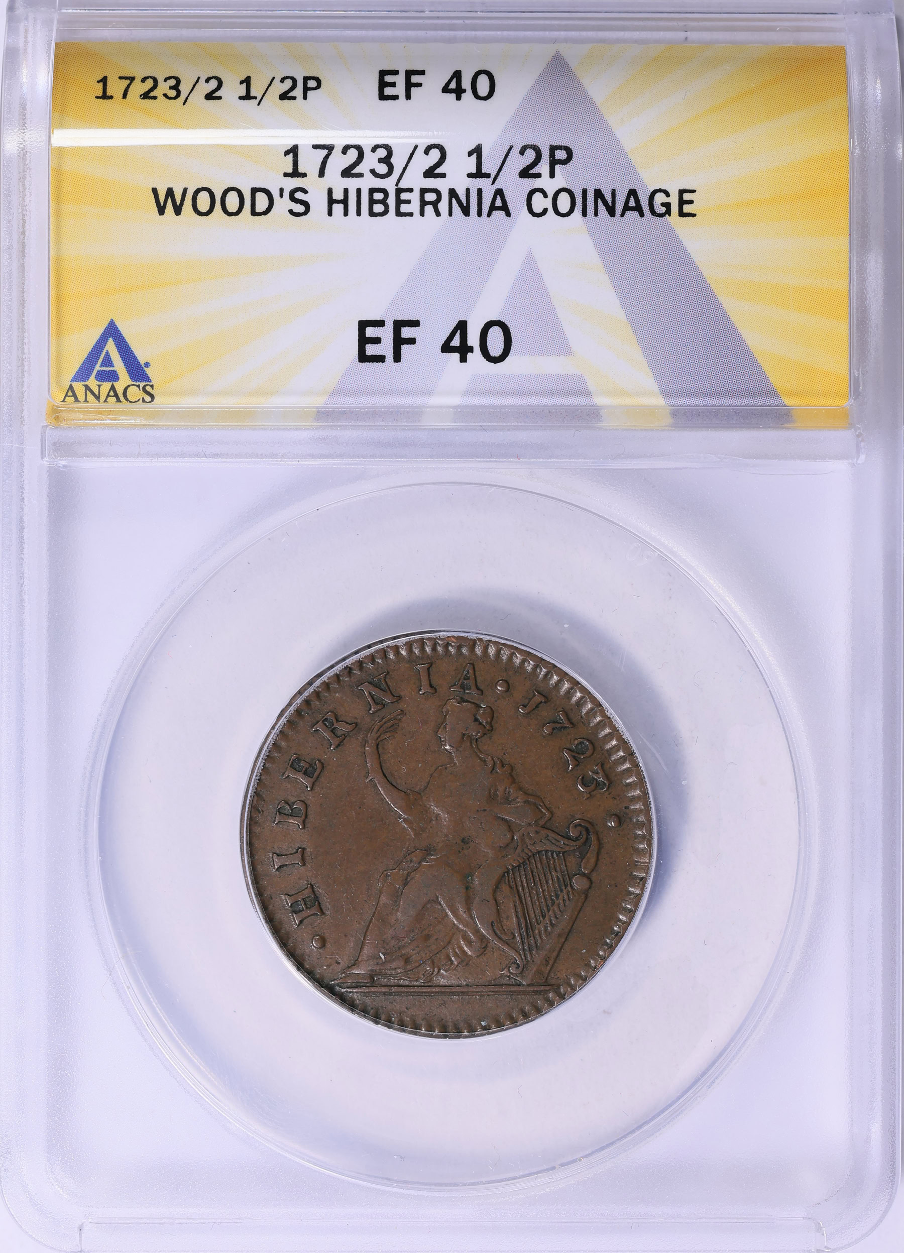 1723/2 Woods Hibernia Halfpence ANACS XF-40 (Item 1765186) | GreatCollections Coin Auctions
