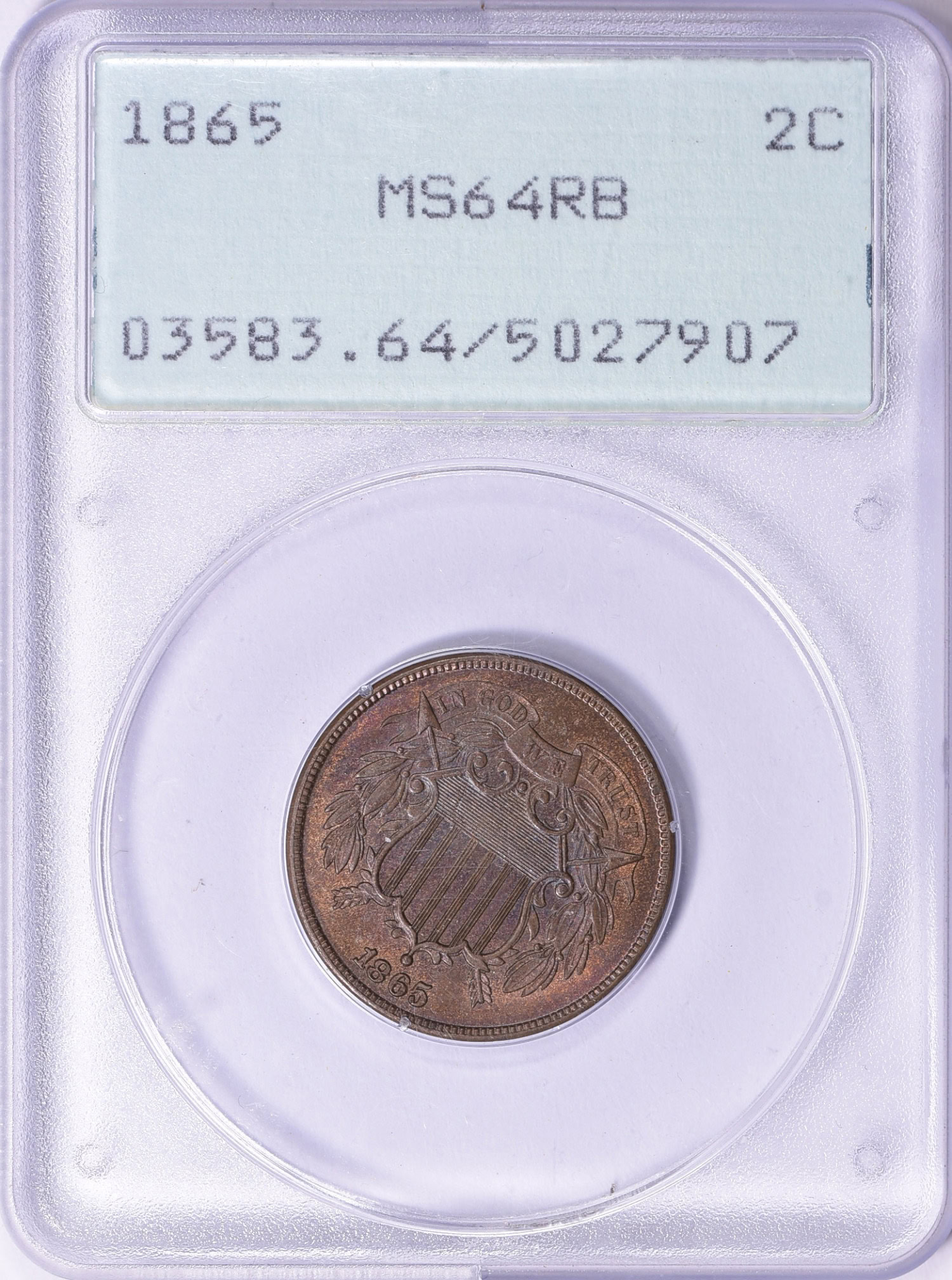 1865 Two-Cent Piece PCGS MS-64 RB OGH (1st Gen) (Item 1765357) | GreatCollections Coin Auctions