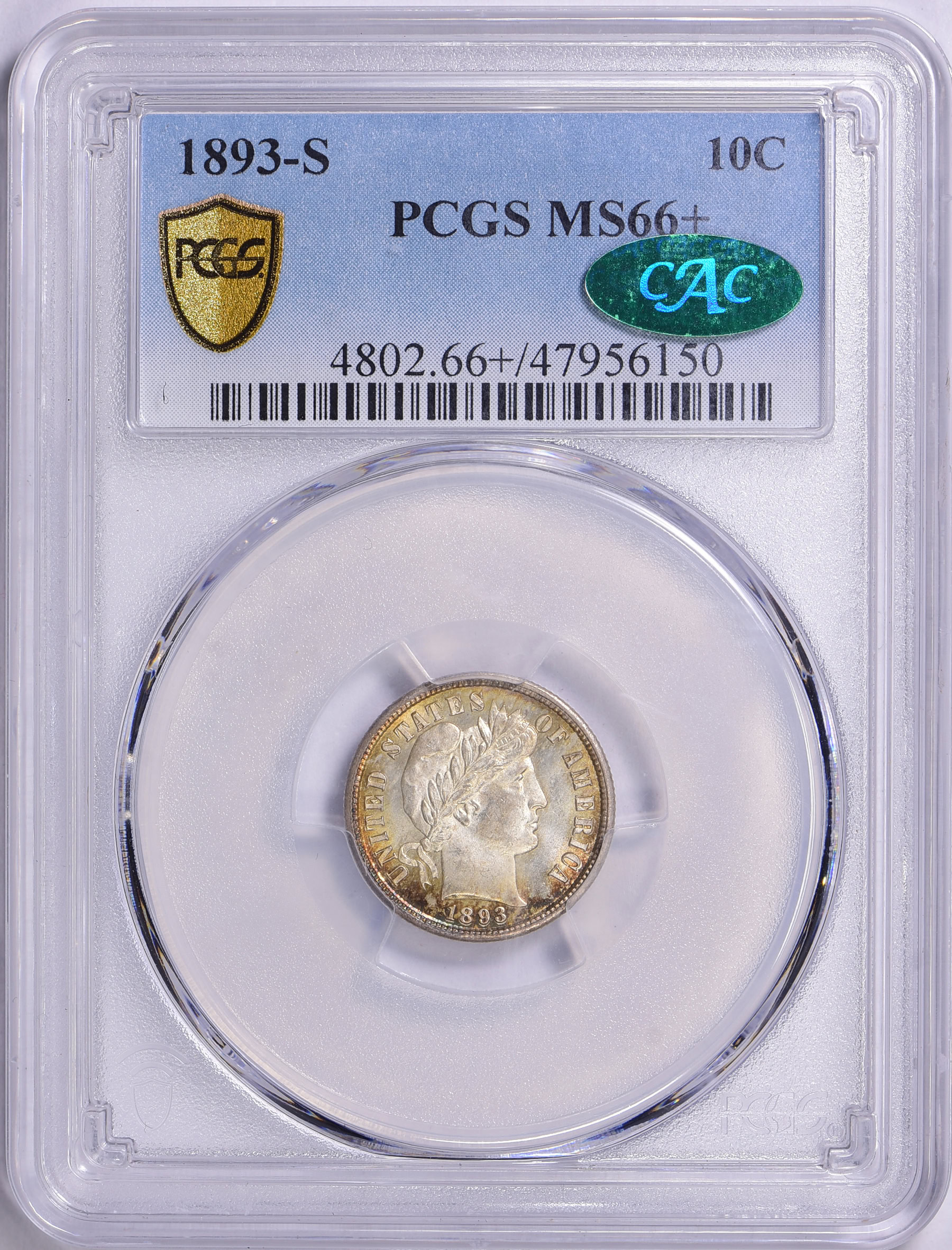 1893-S Barber Dime PCGS MS-66+ (CAC Green) (Toned) (Item 1765368) | GreatCollections Coin Auctions