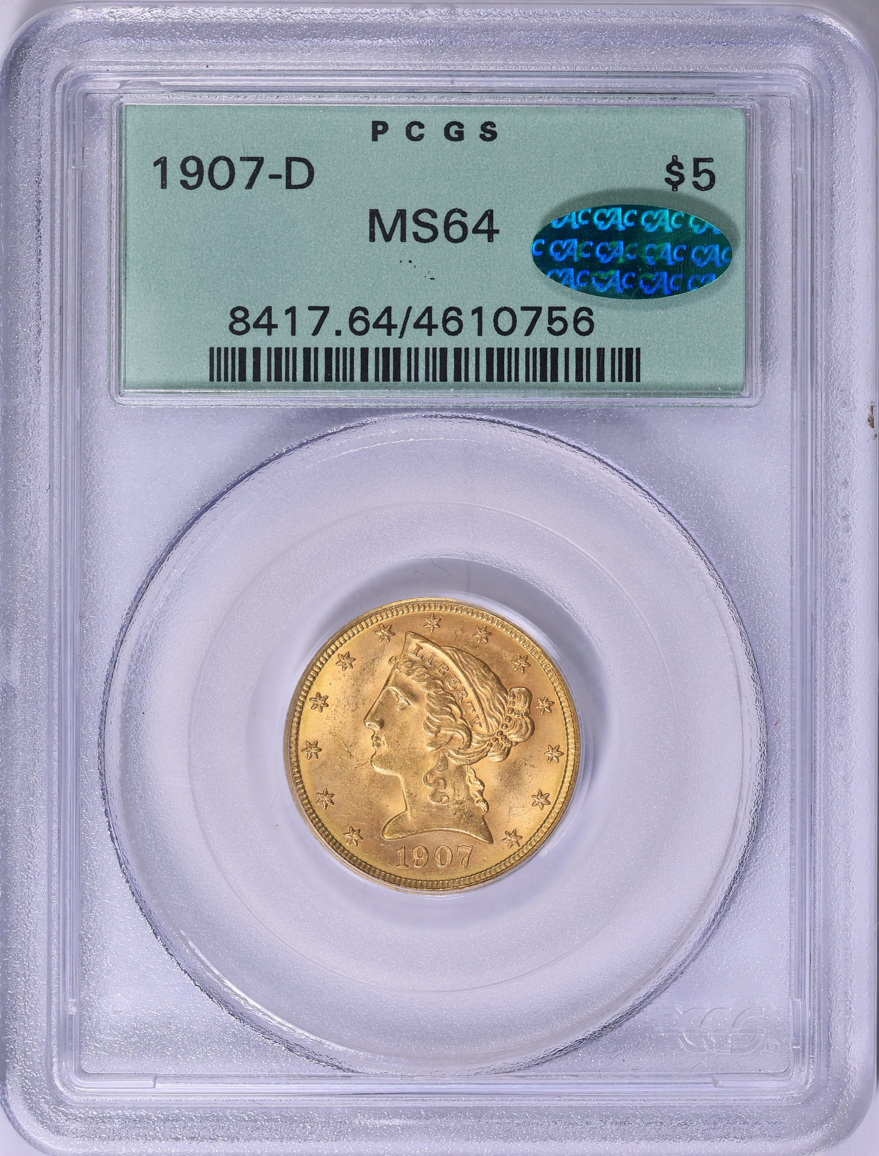 1907-D Liberty Gold Half Eagle PCGS MS-64 (CAC Green) OGH (Item 1765417) | GreatCollections Coin ...