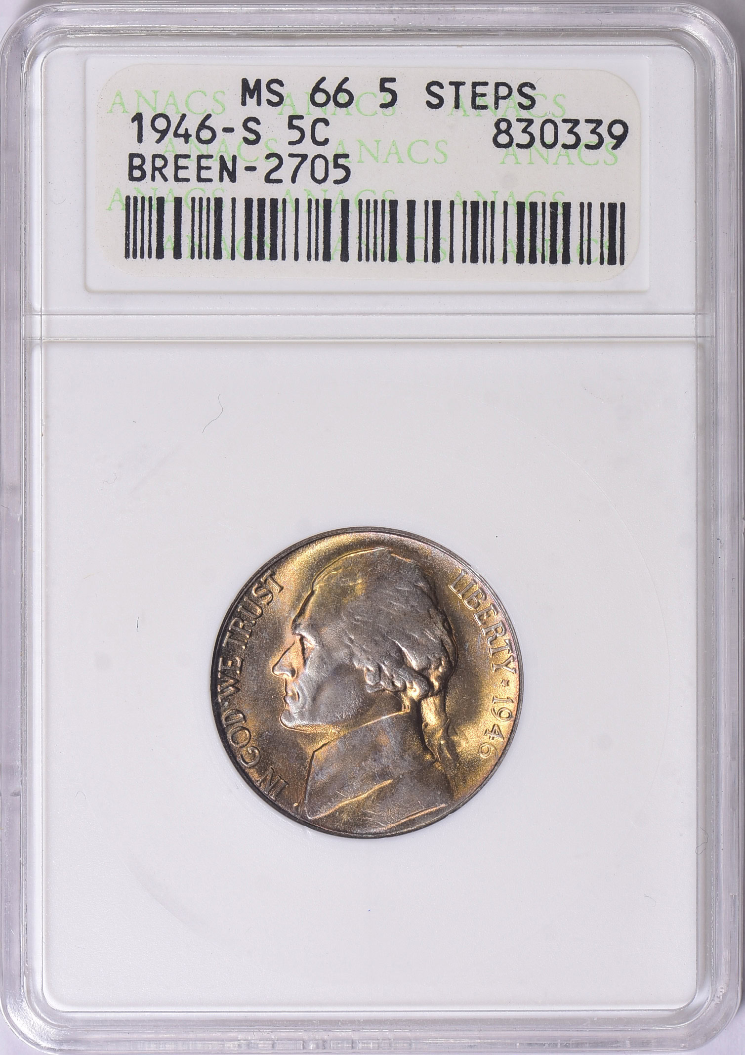 1946-S Jefferson Nickel Breen-2705 ANACS MS-66 5 Steps OH (Item 1765747) | GreatCollections Coin ...