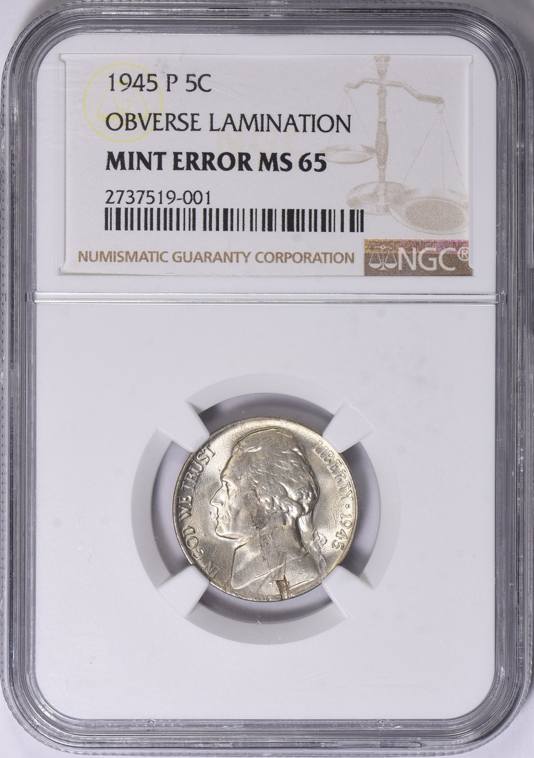 Mint Error 1945-P Jefferson Nickel Obverse Lamination NGC MS-65 | NGC ...
