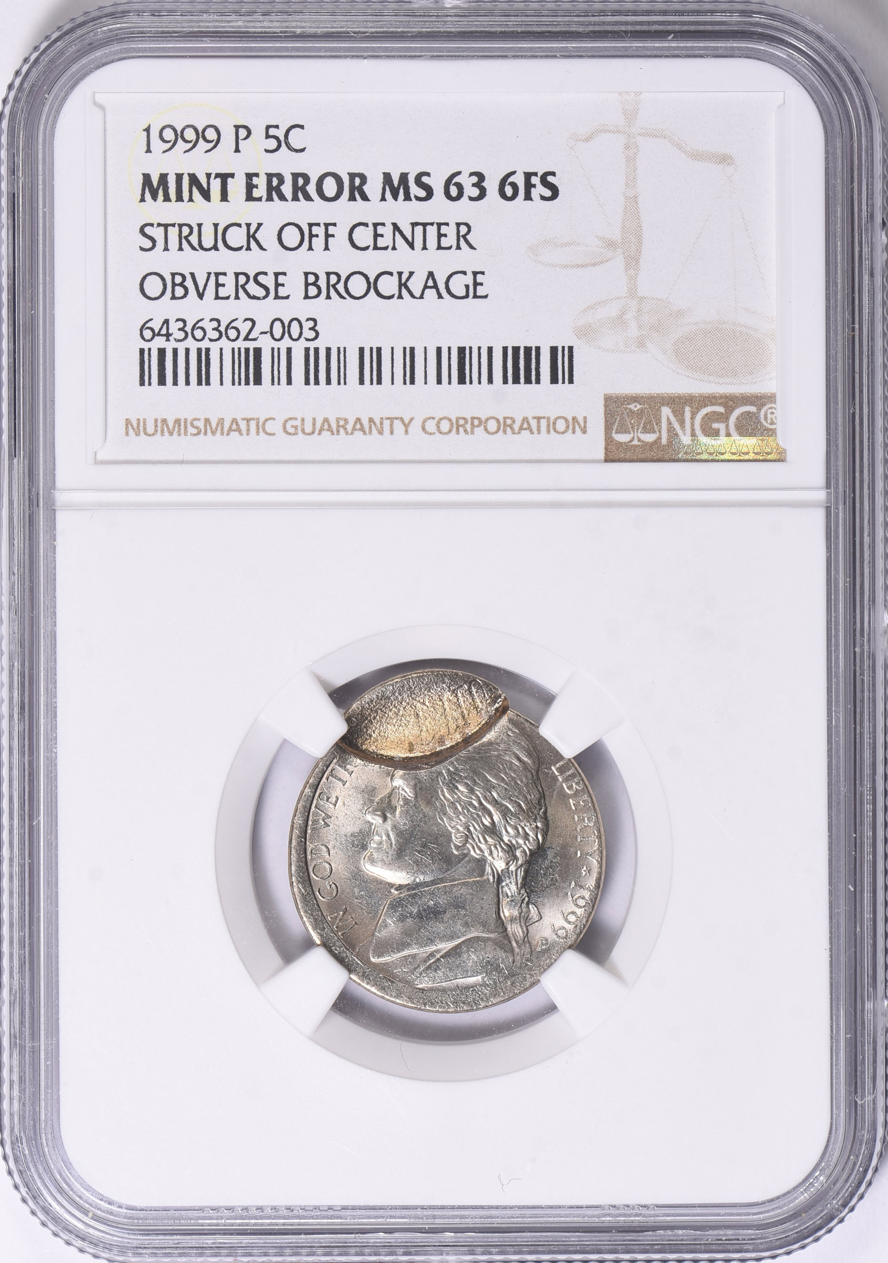 Mint Error 1999-P Jefferson Nickel Struck Off Center Obverse Brockage NGC MS-63 6FS | NGC Cert ...