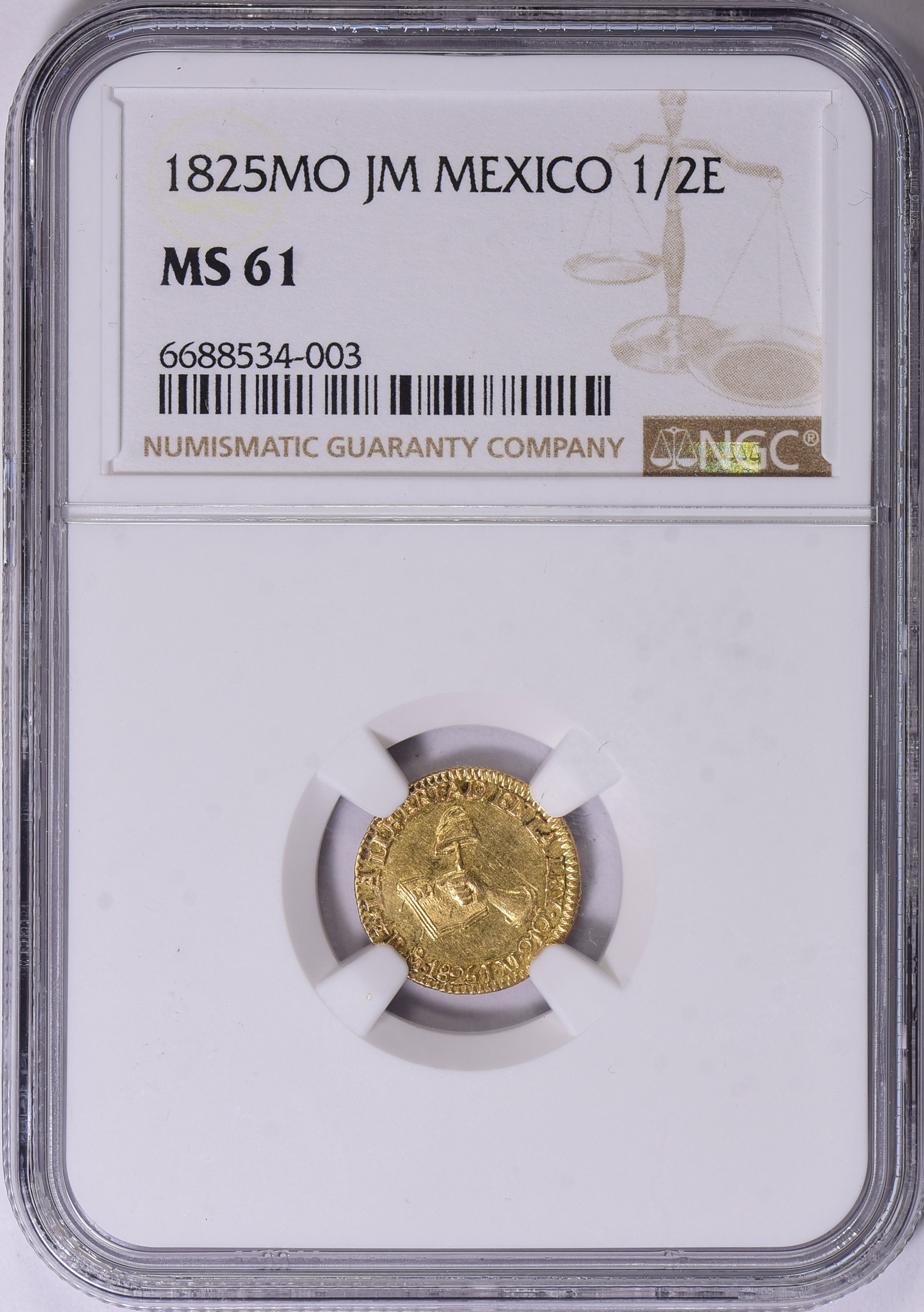 Mexico 1825-Mo JM Gold 1/2 Escudo KM-378.5 NGC MS-61 (AGW = 0.0475 oz ...