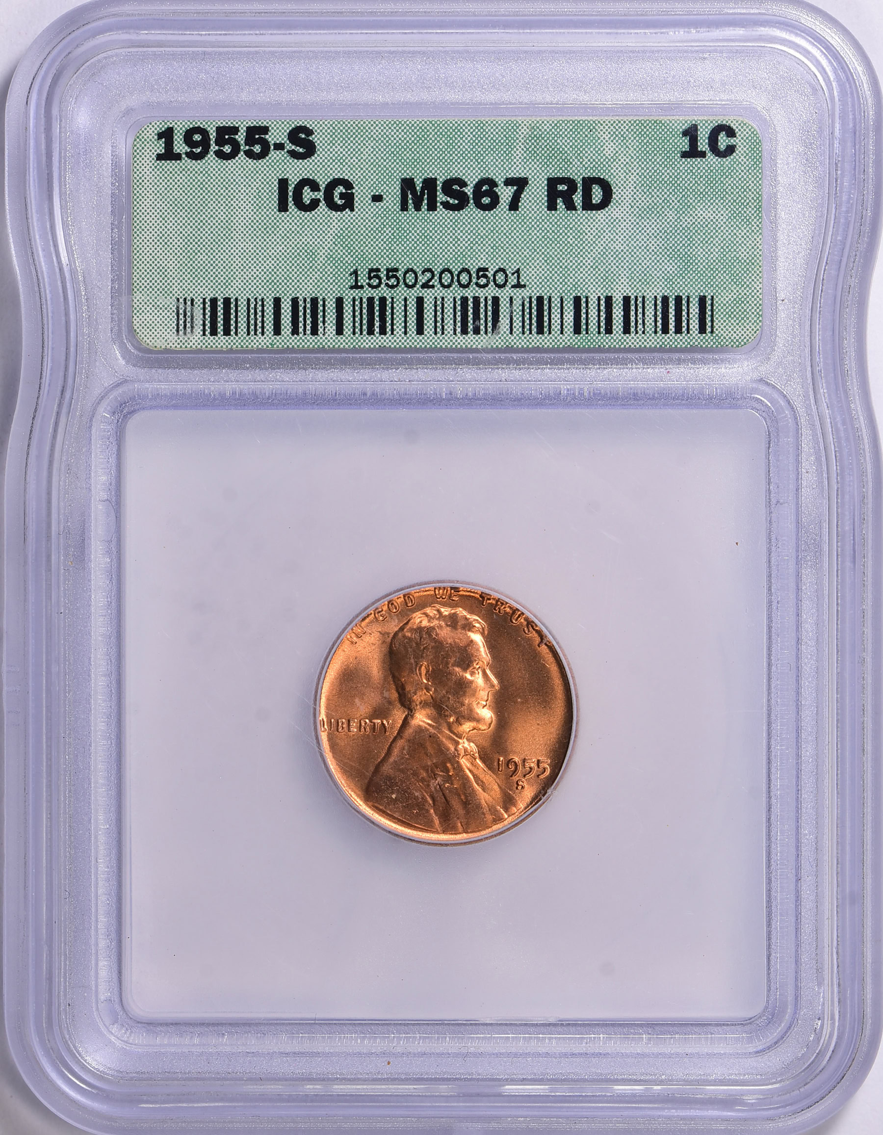 1955-S Lincoln Cent ICG MS-67 RD (Item 1765956) | GreatCollections Coin Auctions