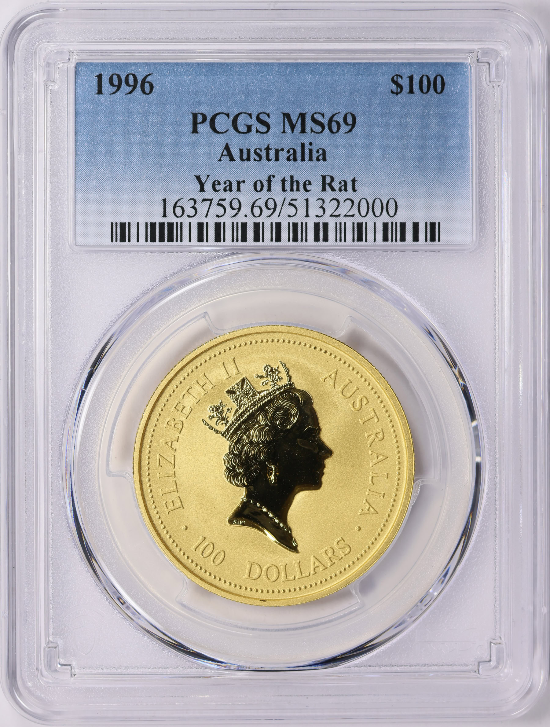 Australia 1996 Gold $100 Lunar Series, Year of the Rat KM-300 PCGS MS ...