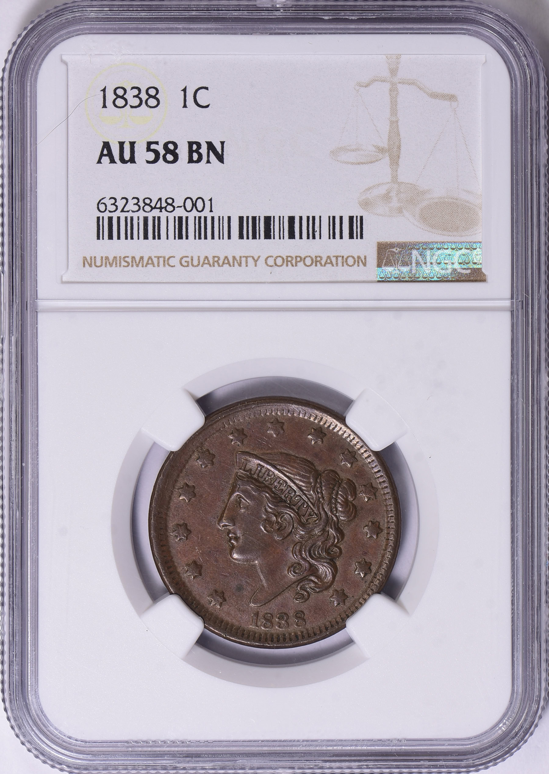 1838 Matron Cent NGC AU-58 BN (Item 1766130) | GreatCollections Coin Auctions
