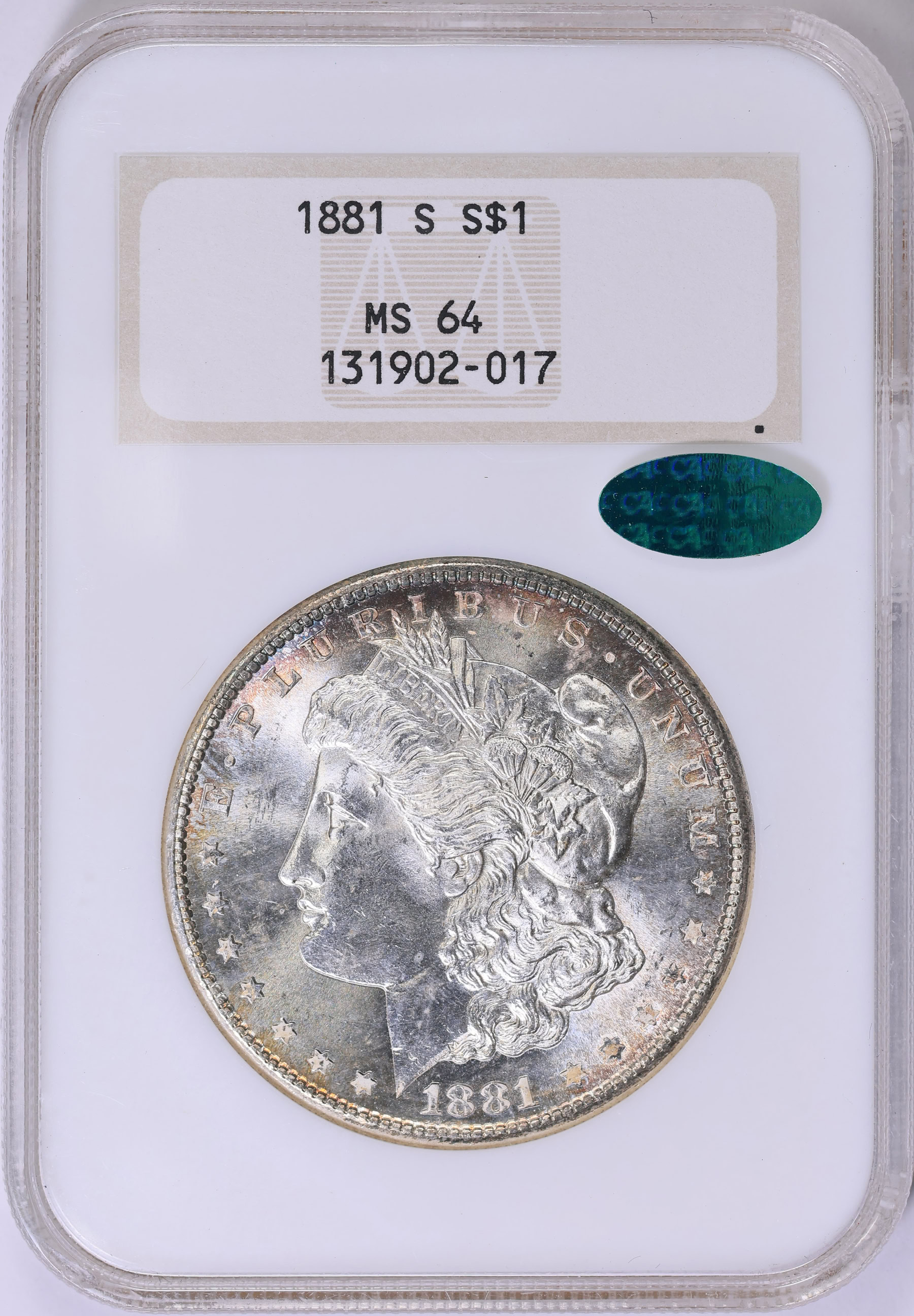 1881-S Morgan Silver Dollar NGC MS-64 (CAC Green) (Toned) OH (Item 1766145) | GreatCollections ...
