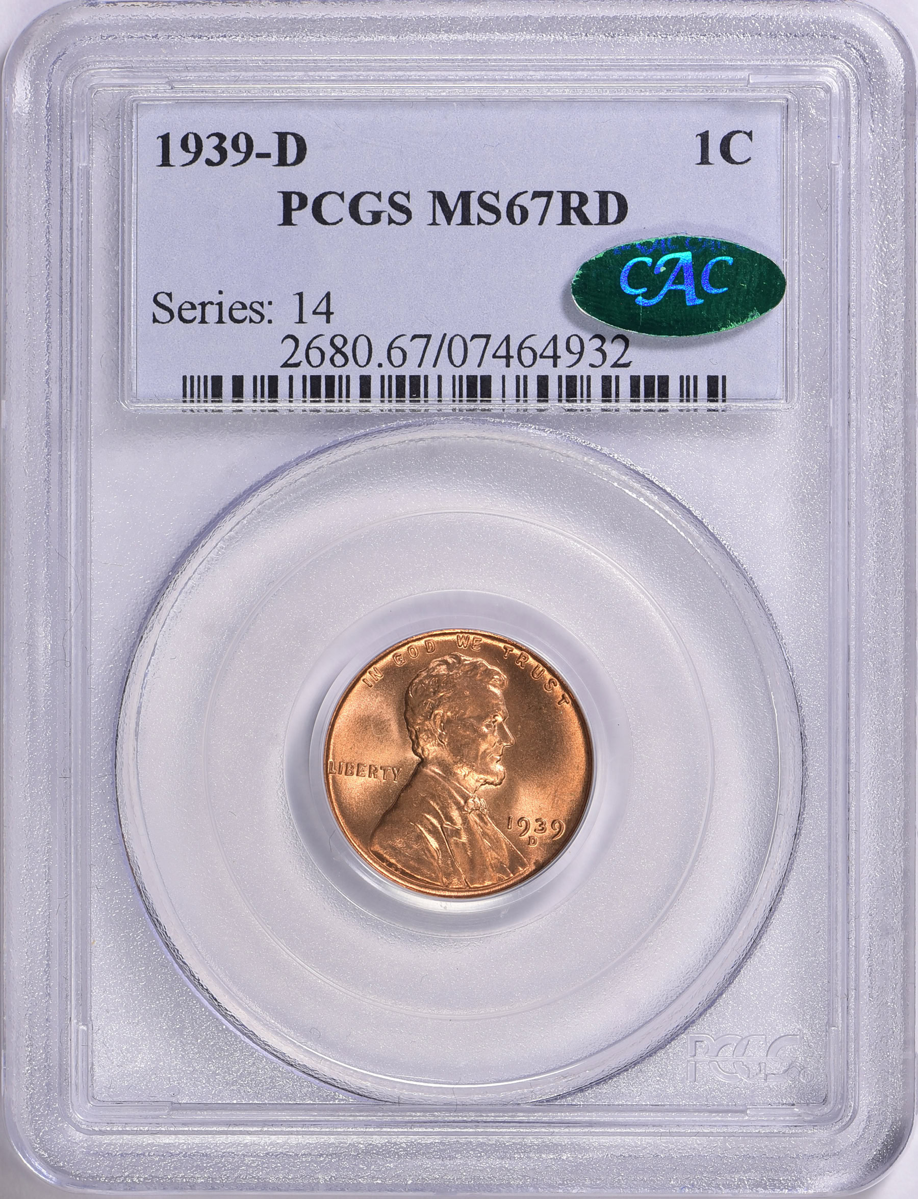 1939-D Lincoln Cent PCGS MS-67 RD (CAC Green) (Item 1766194) | GreatCollections Coin Auctions