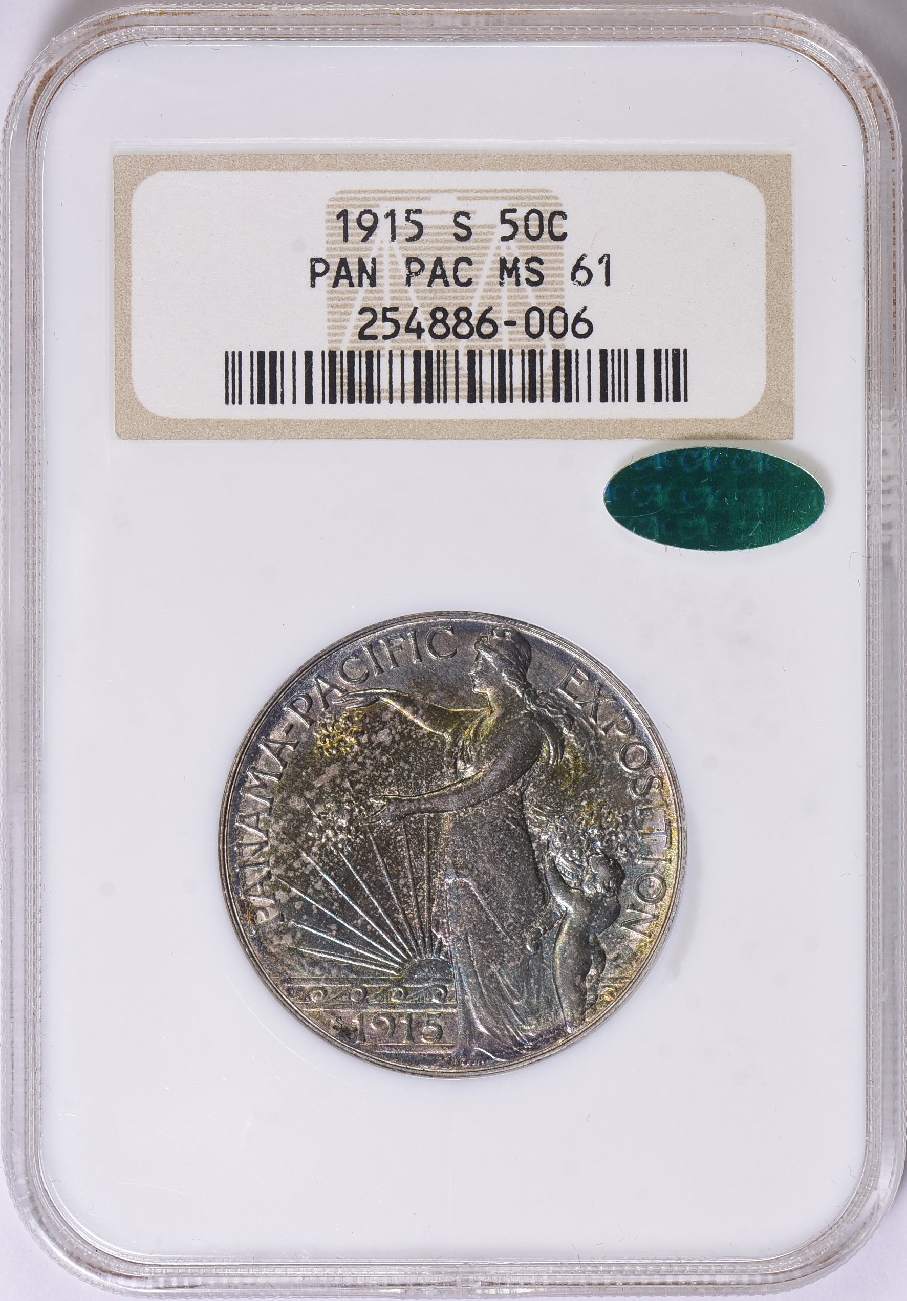 1915-S Panama-Pacific Exposition Half Dollar NGC MS-61 (CAC Green) (Toned) (Item 1766233 ...