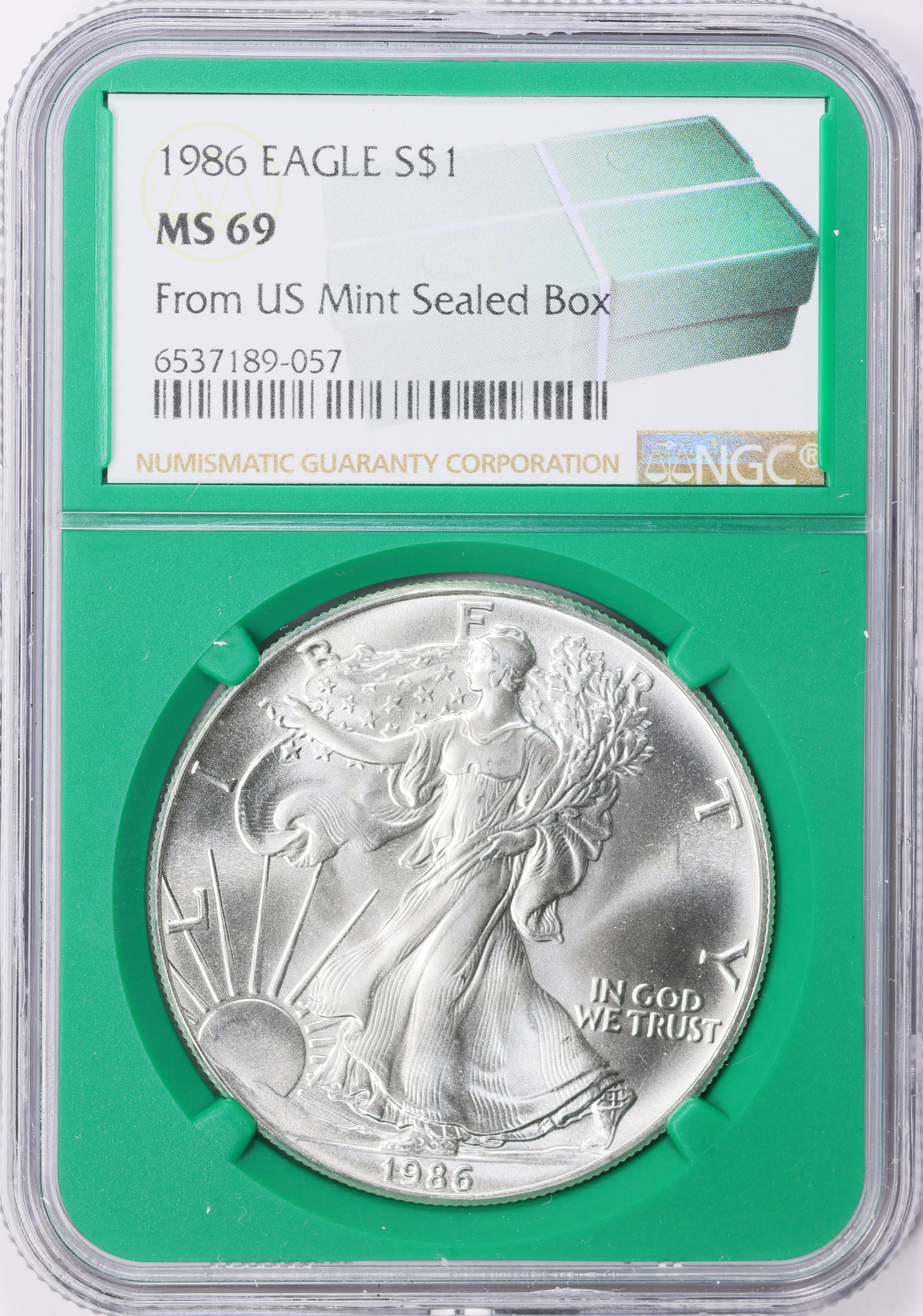 1986 $1 Silver Eagle NGC MS-69 (Green Monster Box Holder) (Item 1766264 ...