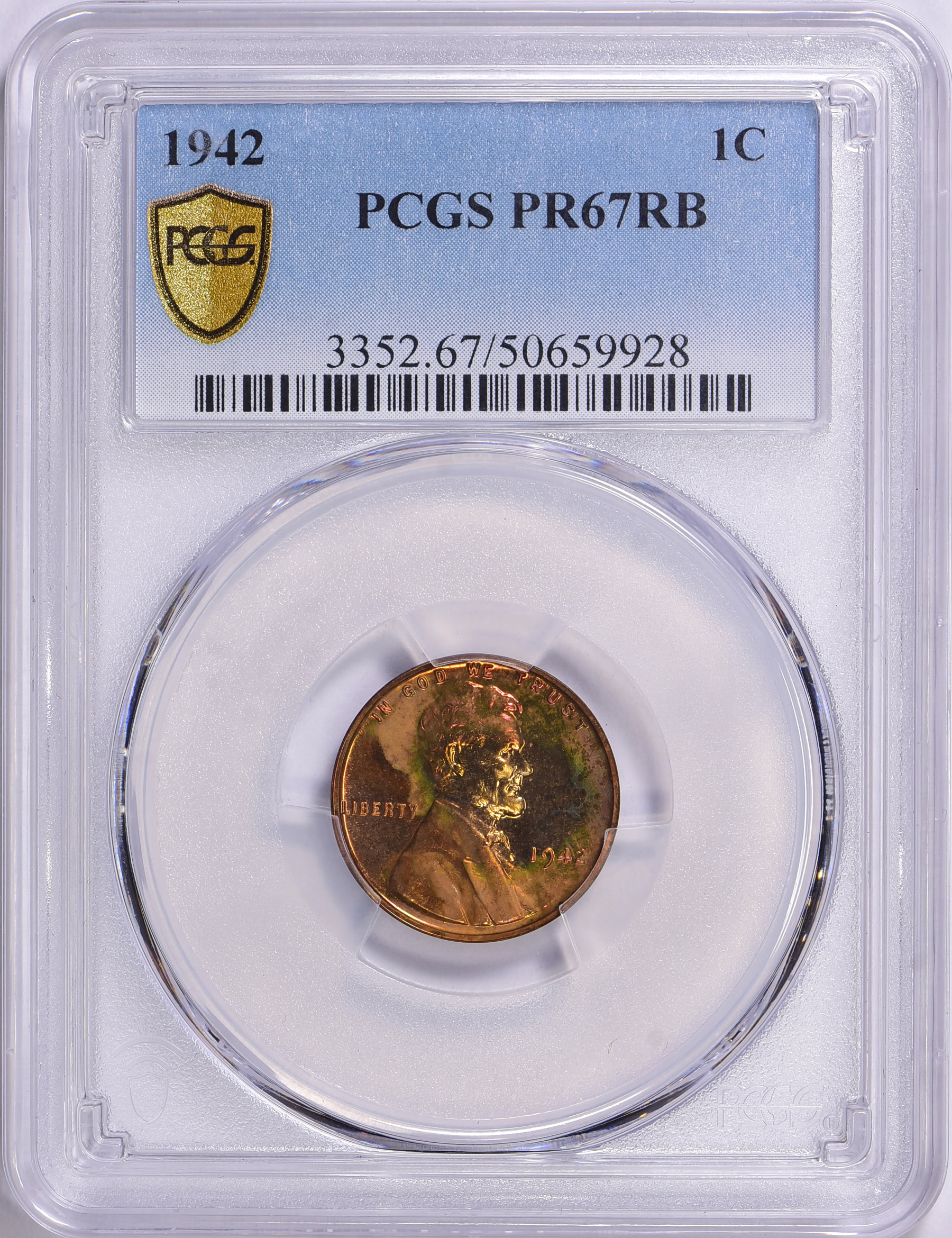 1942 Lincoln Cent PCGS Proof-67 RB (Toned) (Item 1766303) | GreatCollections Coin Auctions