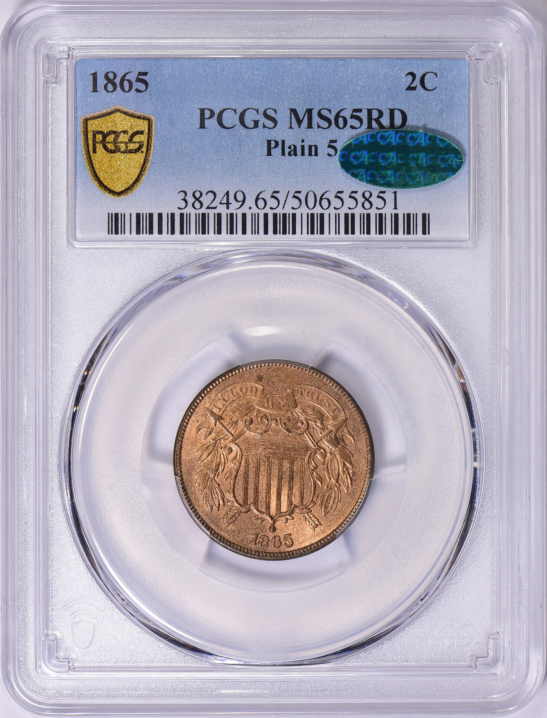 1865 Two-Cent Piece Plain 5 PCGS MS-65 RD (CAC Green) (Item 1766304) | GreatCollections Coin ...