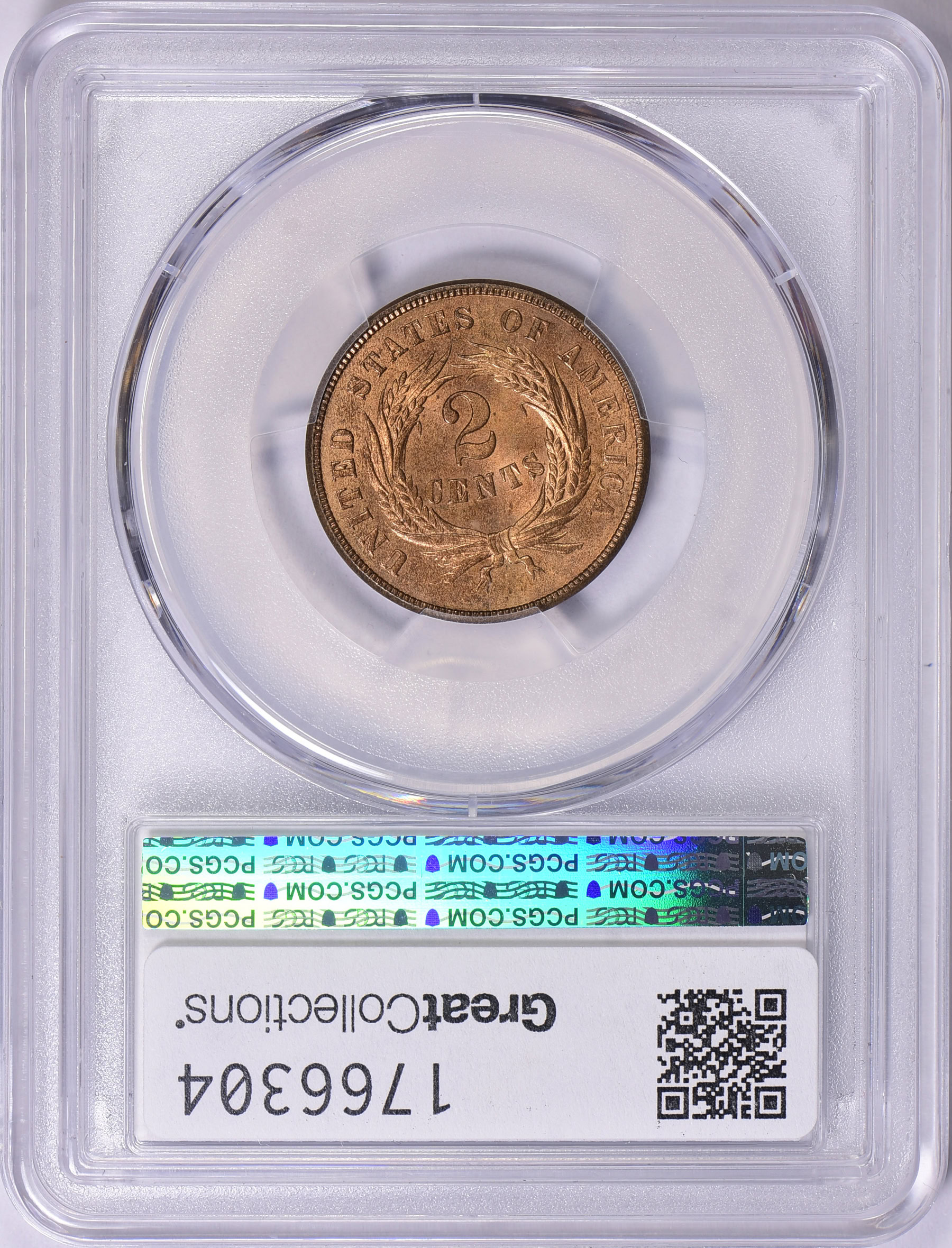1865 Two-Cent Piece Plain 5 PCGS MS-65 RD (CAC Green) (Item 1766304) | GreatCollections Coin ...