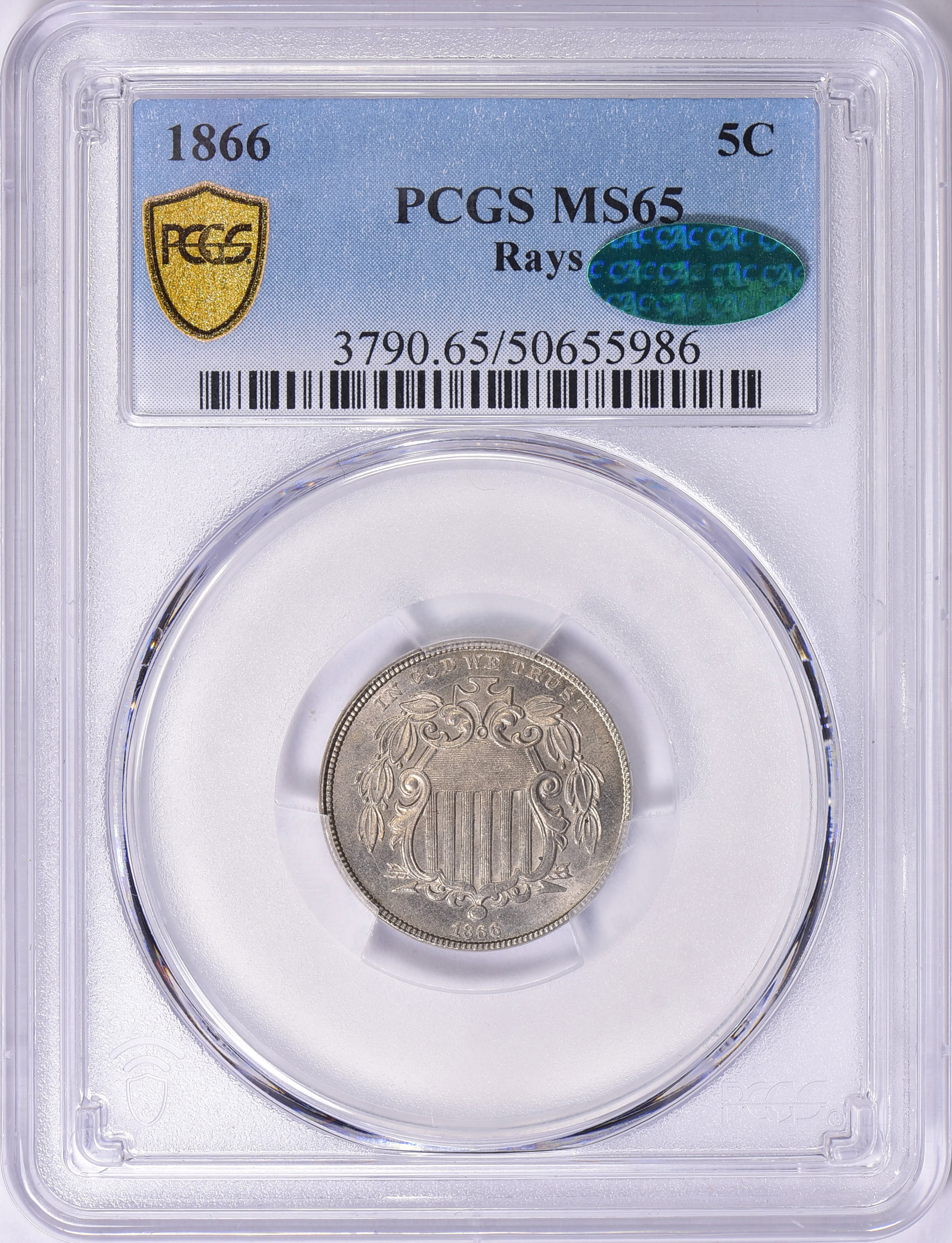 1866 Shield Nickel Rays PCGS MS-65 (CAC Green) (Item 1766307) | GreatCollections Coin Auctions