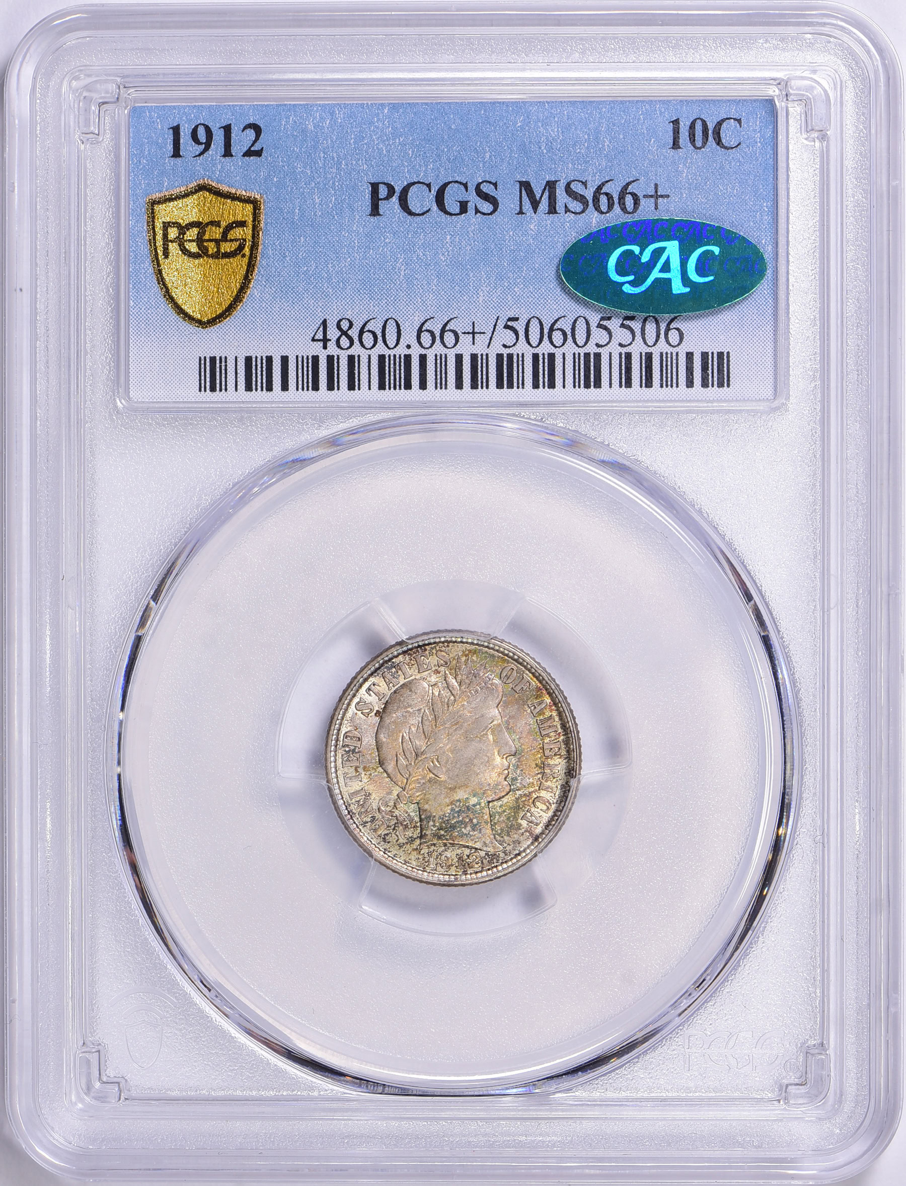 1912 Barber Dime PCGS MS-66+ (CAC Green) (Toned) (Item 1766311) | GreatCollections Coin Auctions