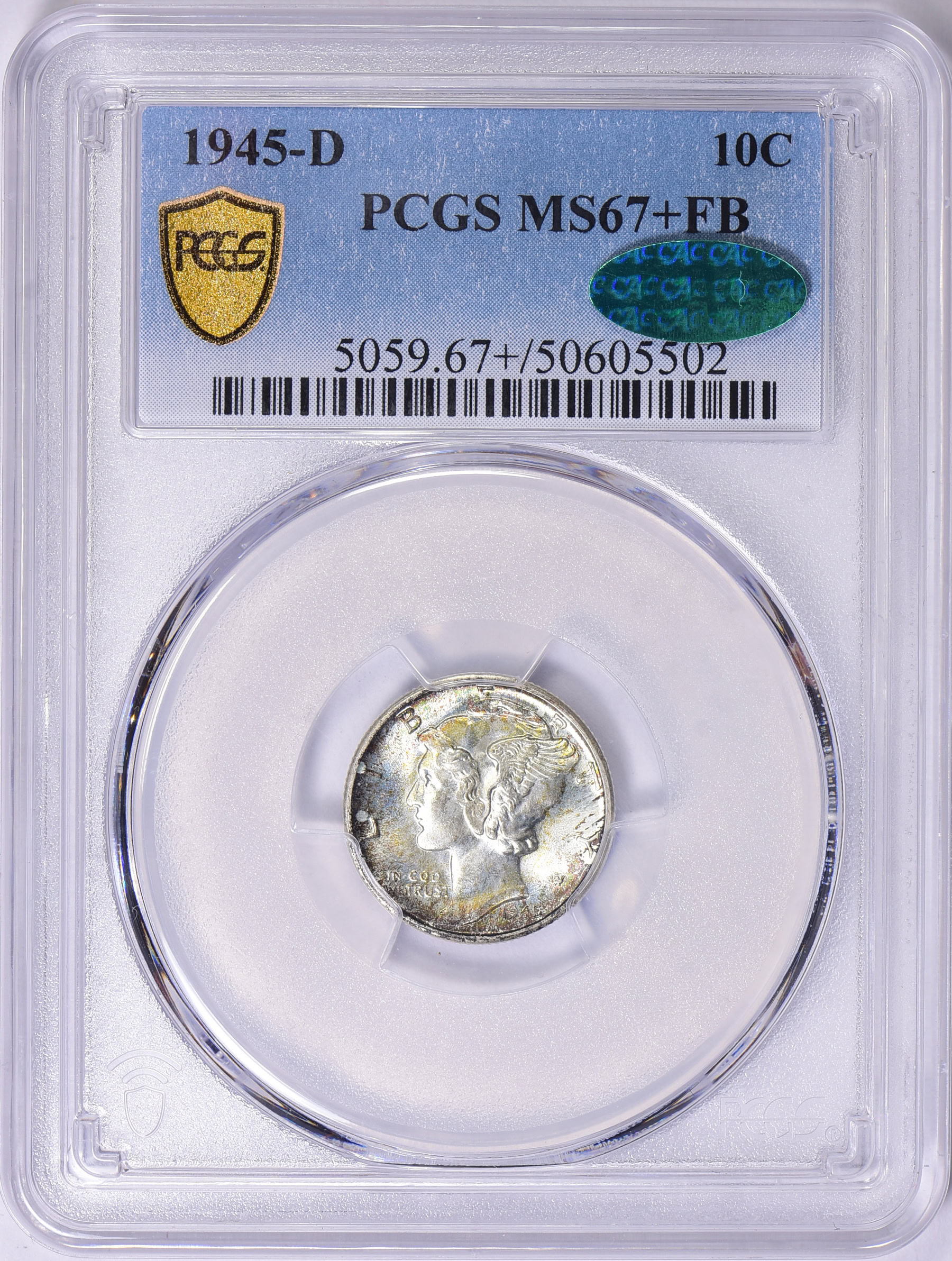 1945-D Mercury Dime PCGS MS-67+ FB (CAC Green) (Toned) (Item 1766312) | GreatCollections Coin ...