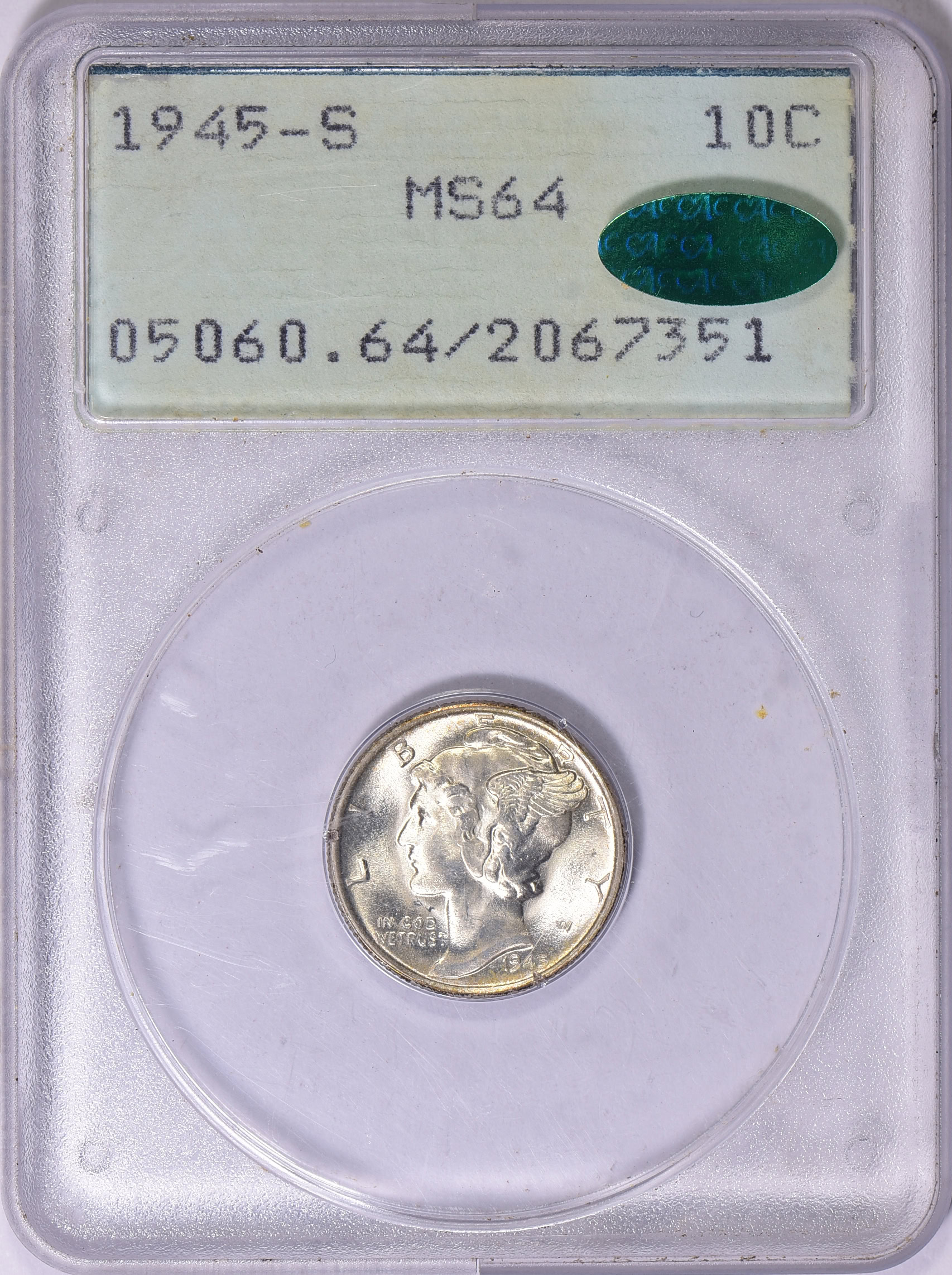 1945-S Mercury Dime PCGS MS-64 (CAC Green) OGH (1st Gen) (Item 1766363) | GreatCollections Coin ...