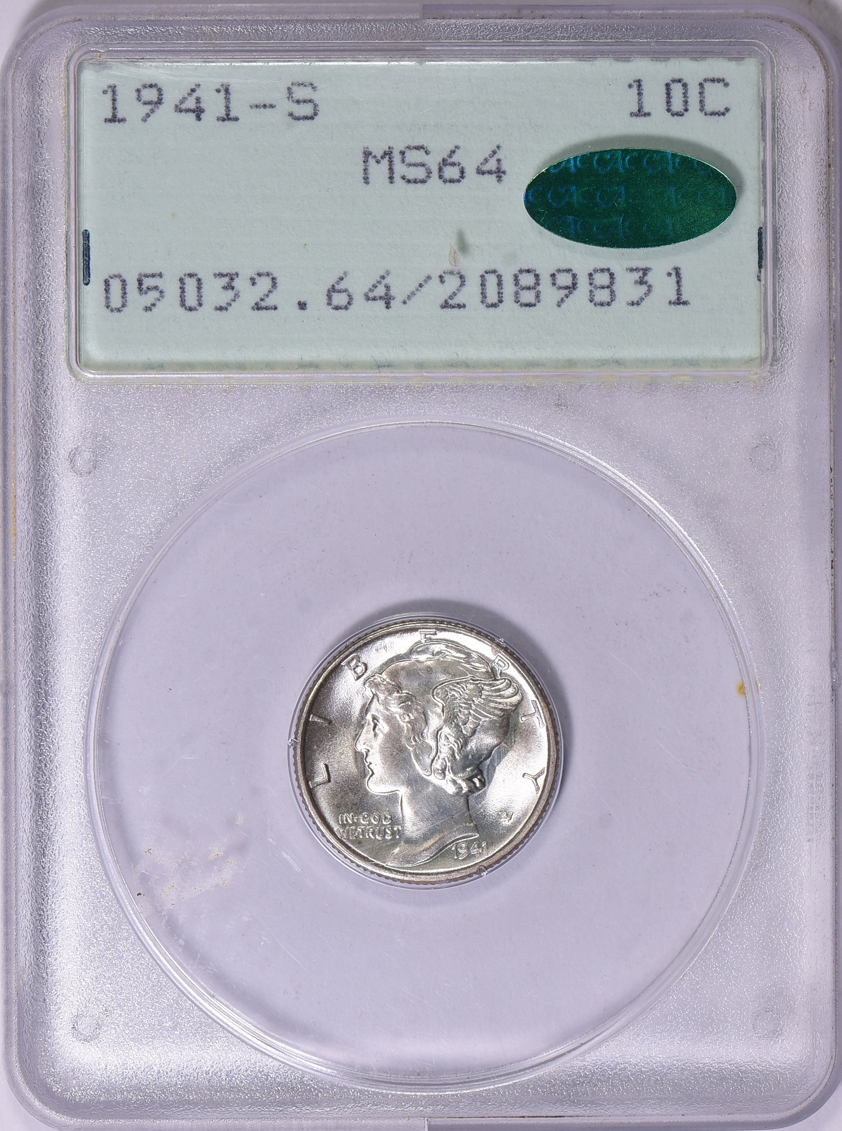1941-S Mercury Dime PCGS MS-64 (CAC Green) OGH (1st Gen) (Item 1766369) | GreatCollections Coin ...