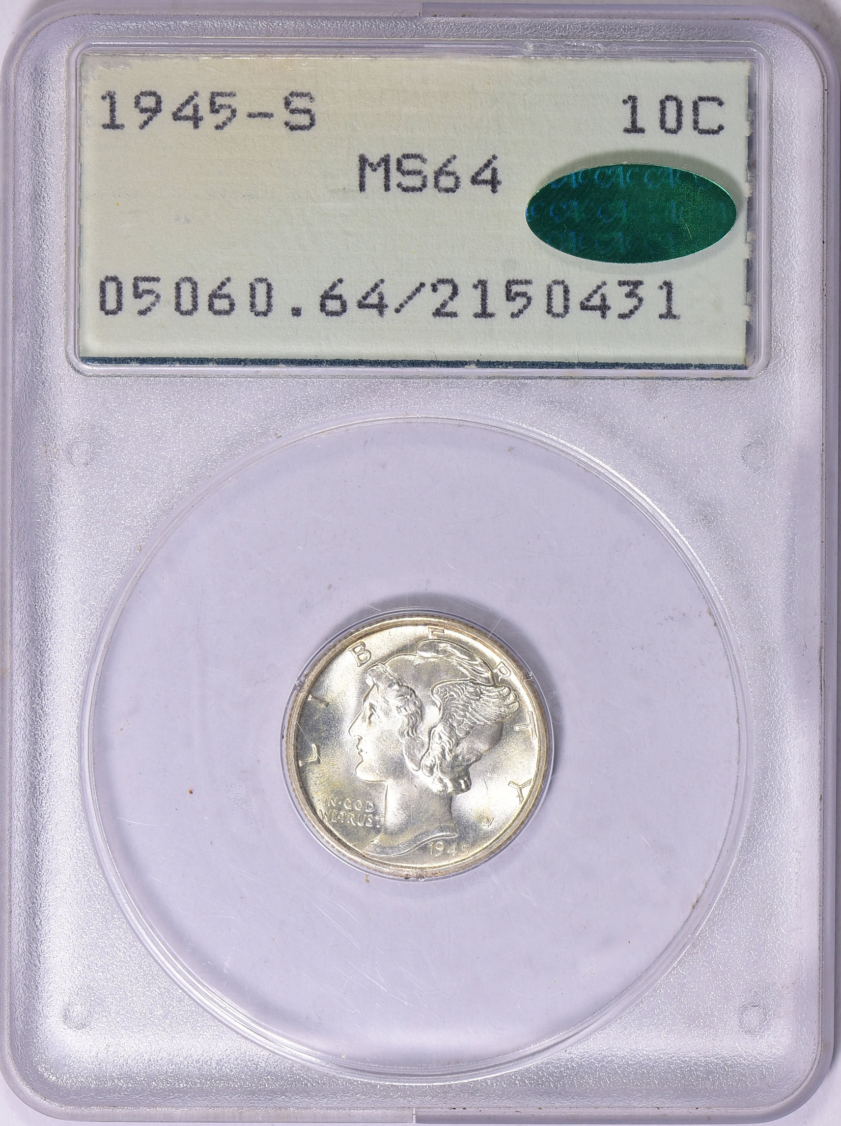 1945-S Mercury Dime PCGS MS-64 (CAC Green) OGH (1st Gen) (Item 1766372) | GreatCollections Coin ...