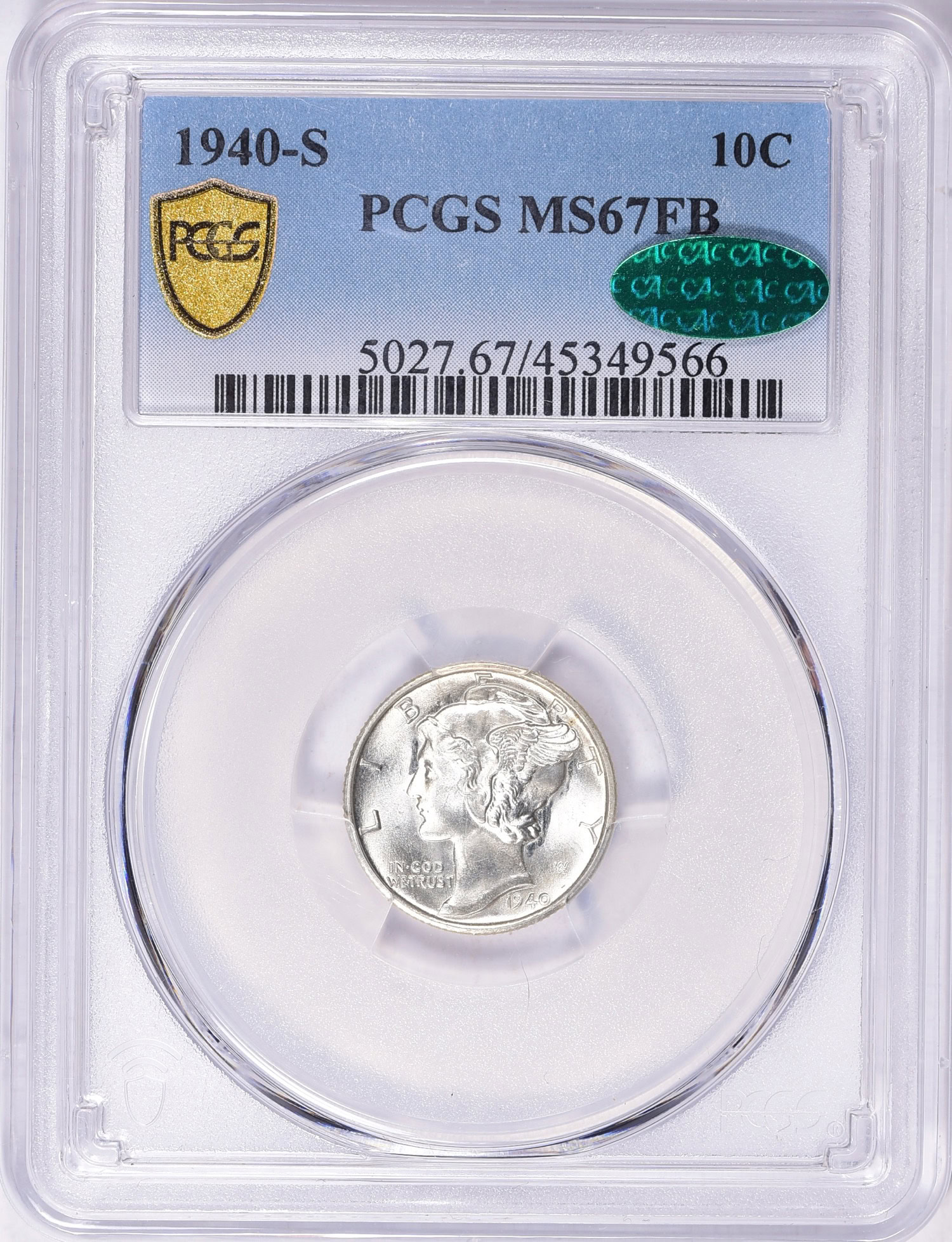 1940-S Mercury Dime PCGS MS-67 FB (CAC Green) (Item 1766417) | GreatCollections Coin Auctions