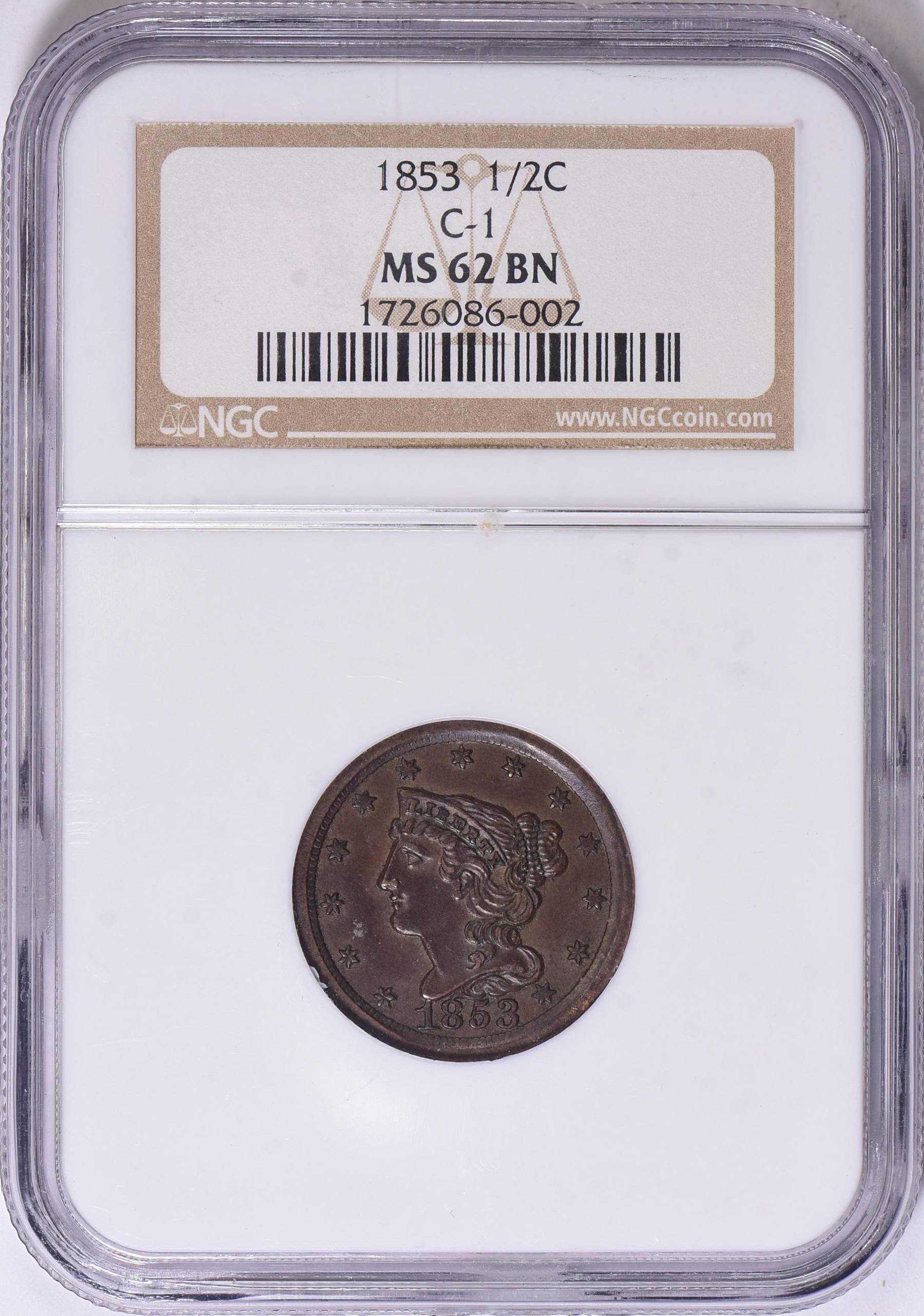 1853 Braided Hair Half Cent Cohen 1 NGC MS-62 BN (Item 1766431) | GreatCollections Coin Auctions
