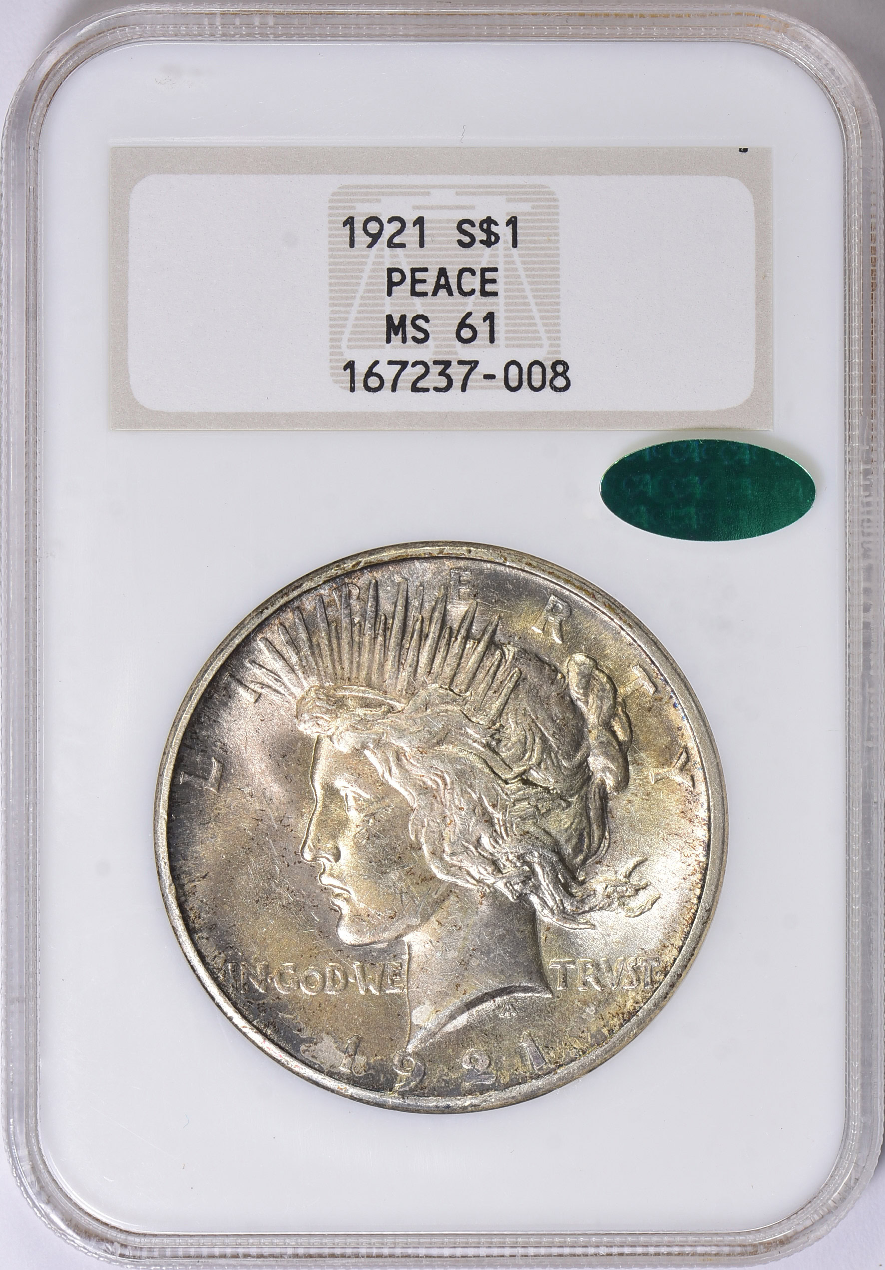 1921 Peace Silver Dollar High Relief NGC MS-61 (CAC Green) OH (Item 1766505) | GreatCollections ...