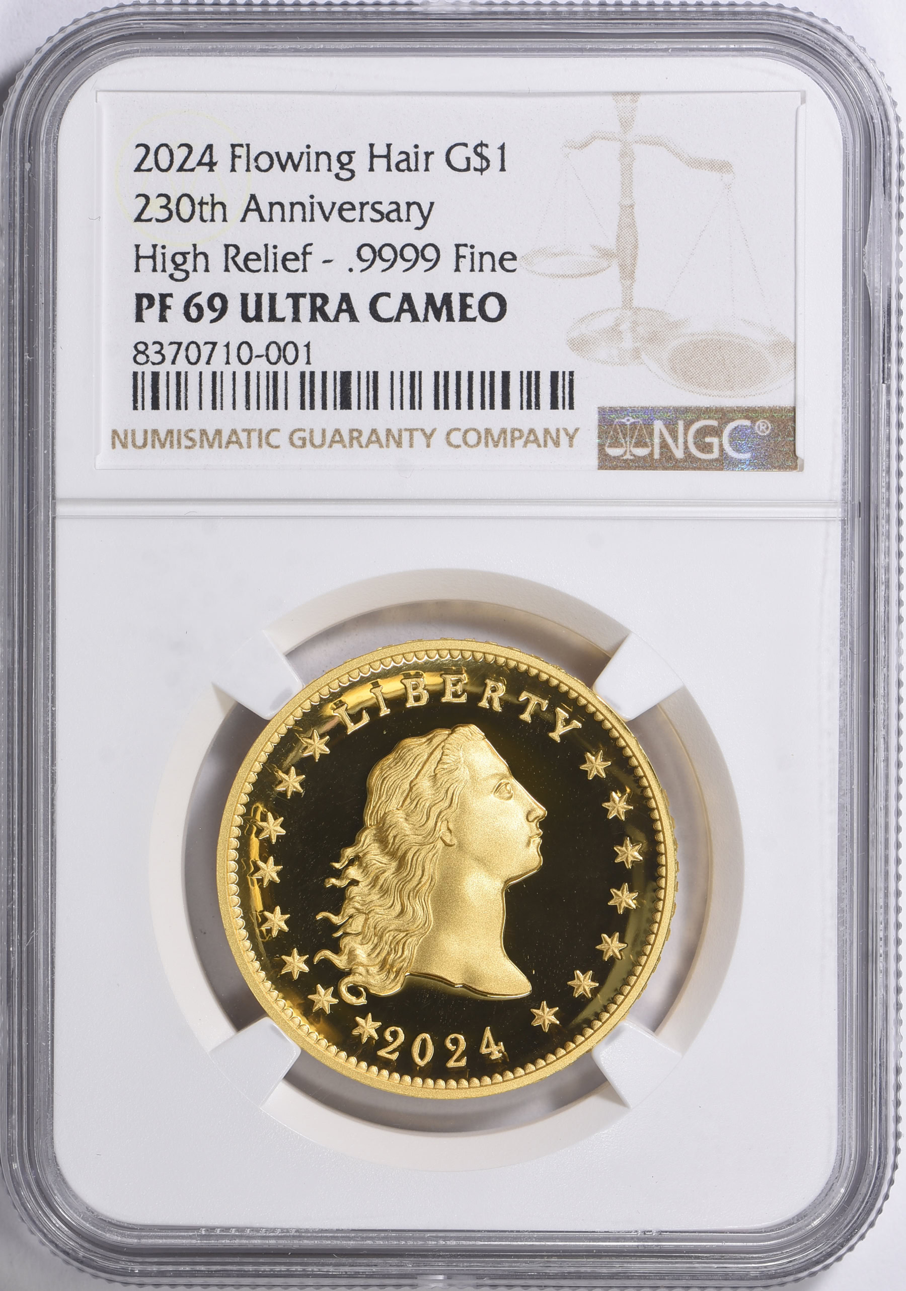 2024 Flowing Hair High Relief Gold Dollar 230th Anniversary NGC Proof-69 UC | NGC Cert #8370710 ...