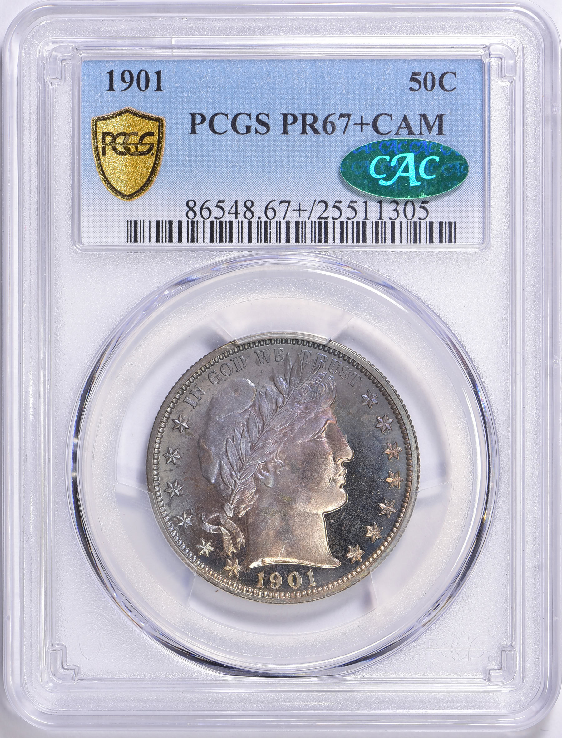 1901 Barber Half Dollar PCGS Proof-67+ CAMEO (CAC Green) (Toned) (Item 1766540 ...