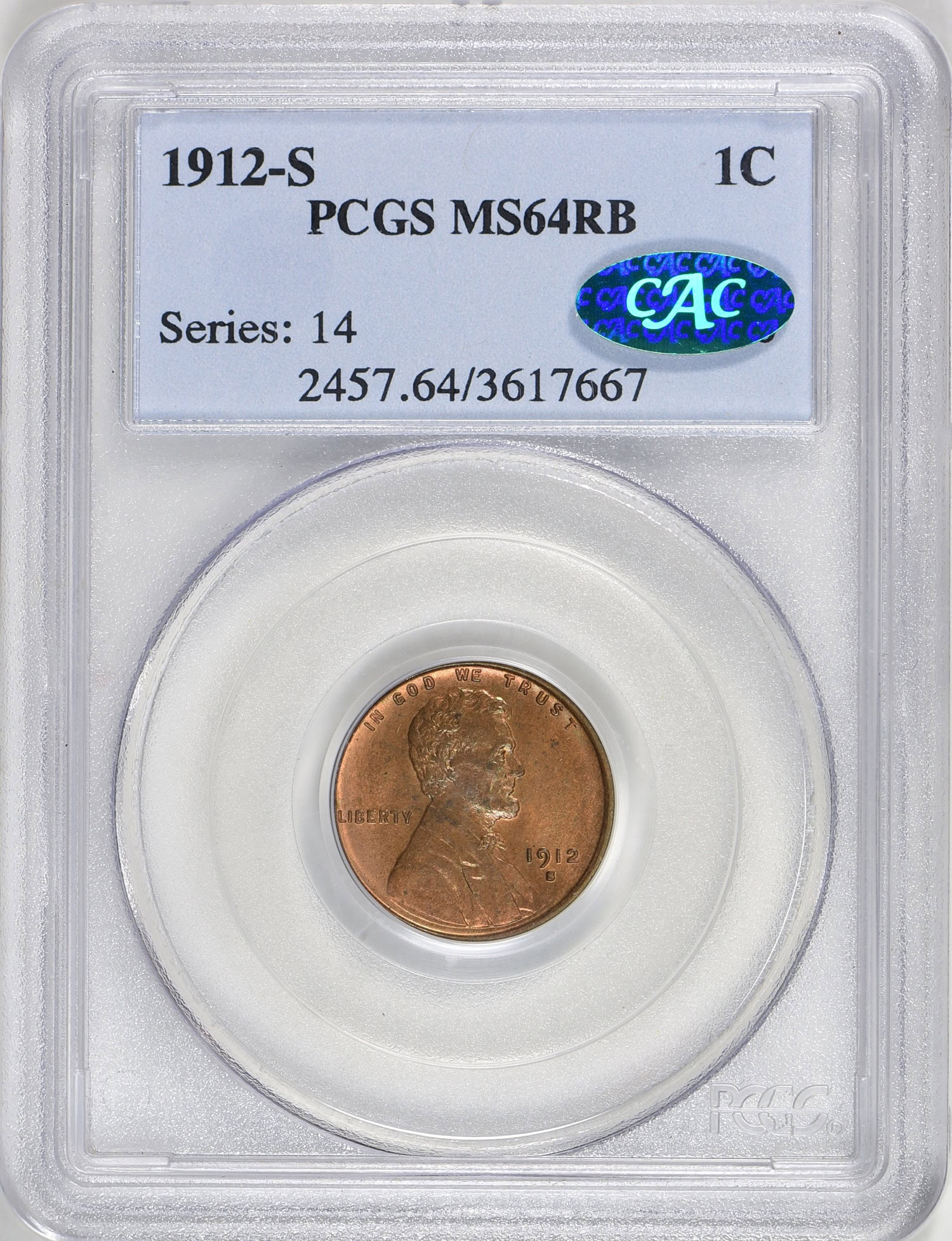 1912-S Lincoln Cent PCGS MS-64 RB (CAC Green) (Item 1766628) | GreatCollections Coin Auctions