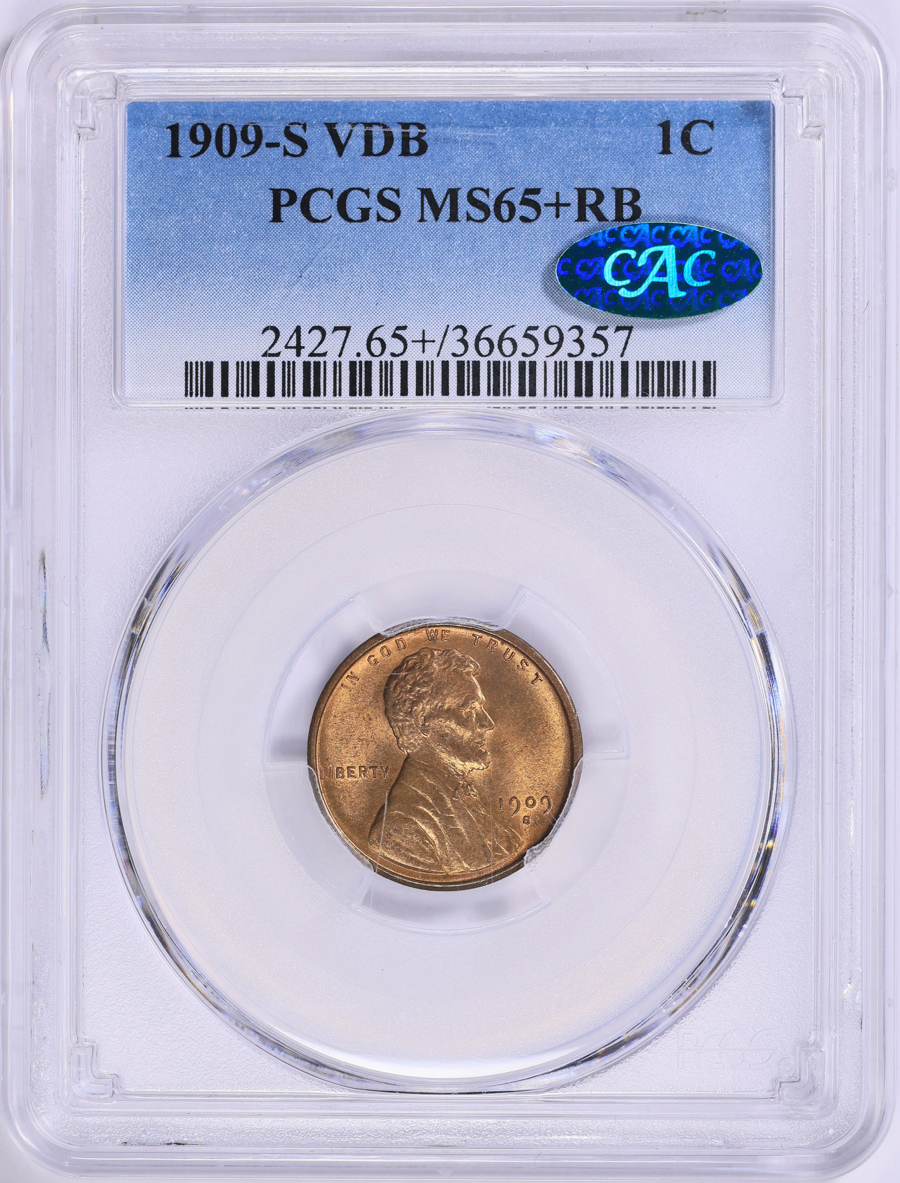 1909-S Lincoln Cent V.D.B. PCGS MS-65+ RB (CAC Green) (Item 1766631) | GreatCollections Coin ...