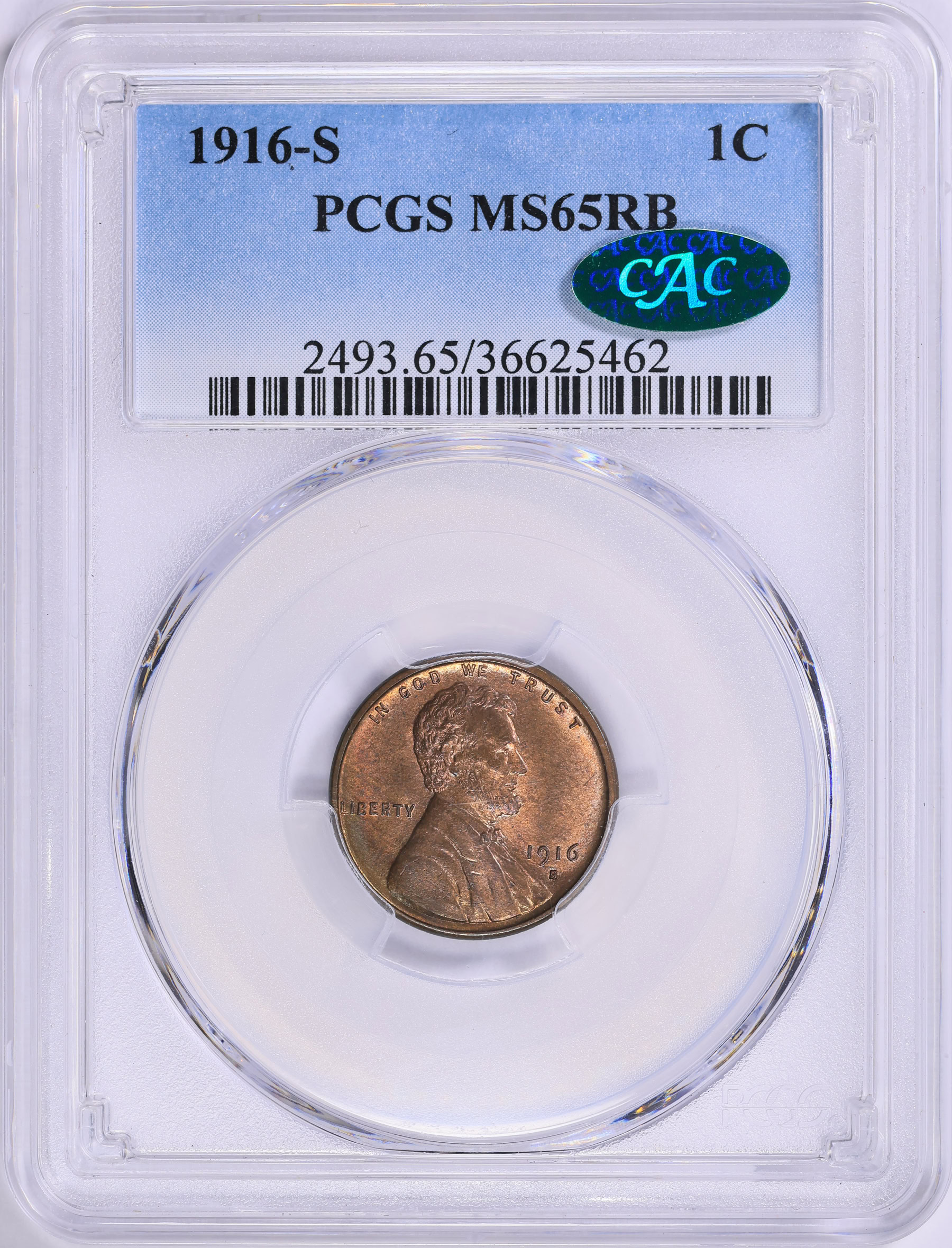 1916-S Lincoln Cent PCGS MS-65 RB (CAC Green) (Toned) (Item 1766644 ...